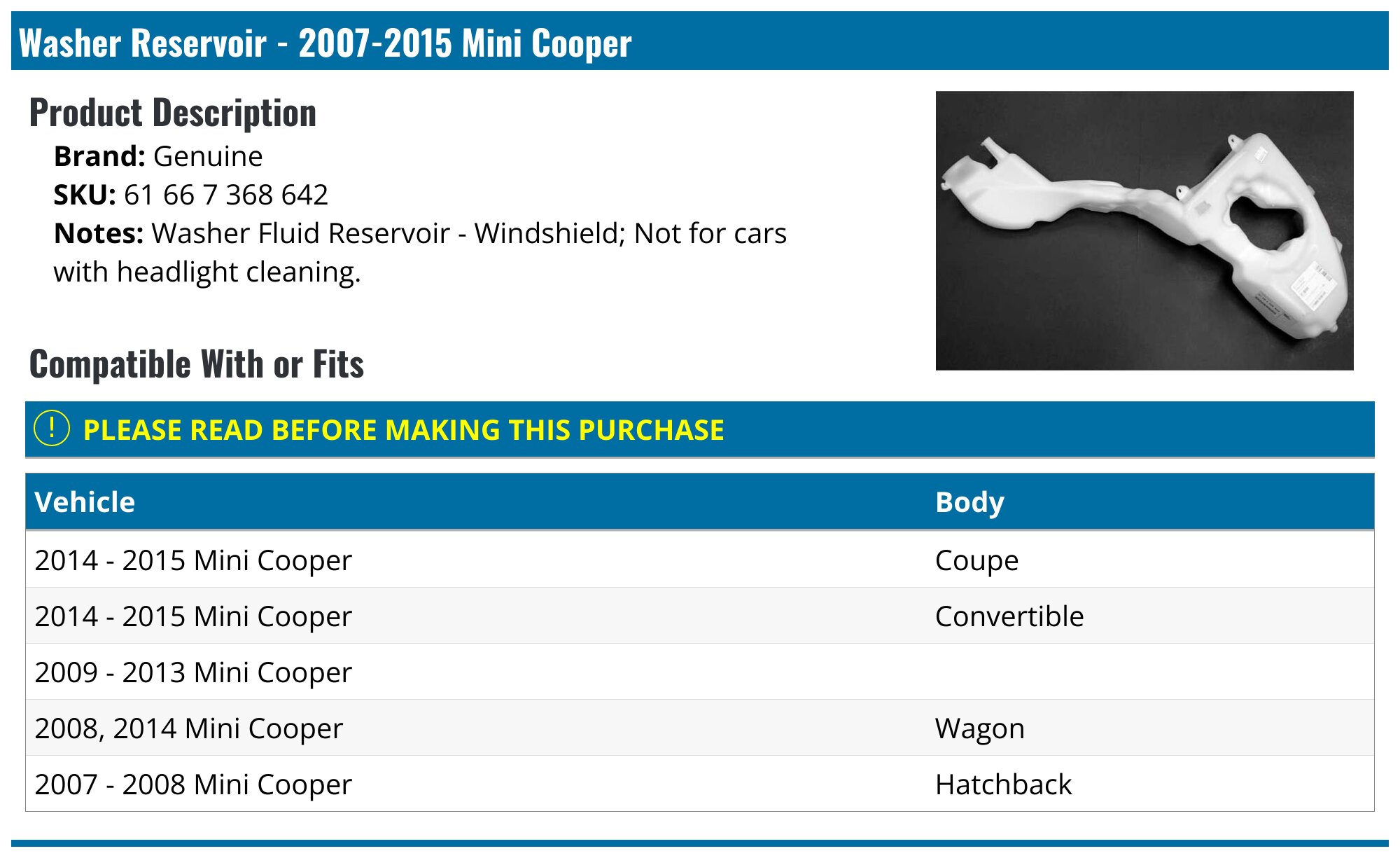 2007-2015 Mini Cooper Windshield Washer Tank - Genuine 61 66 7 368 642 ...