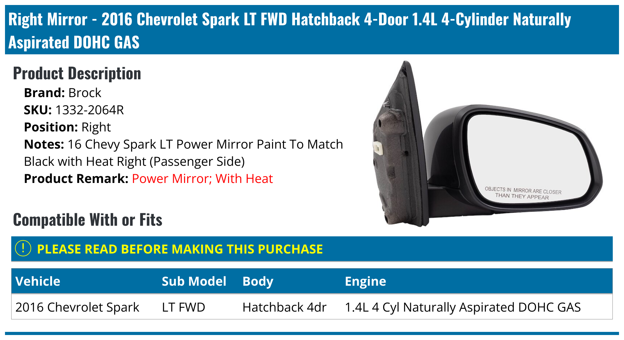 2016 Chevrolet Spark Mirror - Brock 1332-2064R - Right - PartsGeek.com