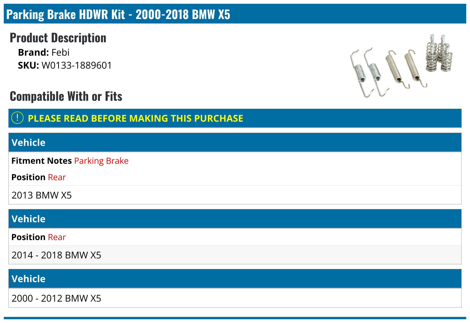 2000-2018 BMW X5 Parking Brake HDWR Kit - Febi W0133-1889601 ...