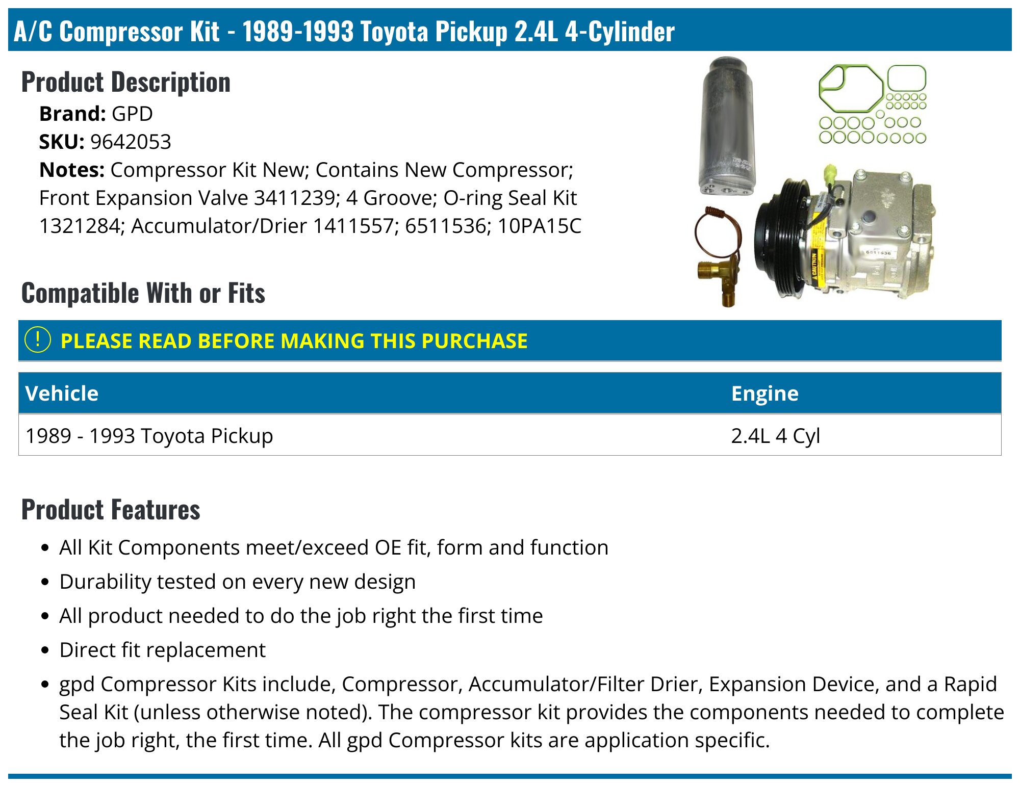 1989-1993 Toyota Pickup A/C Compressor - GPD 9642053 - PartsGeek.com