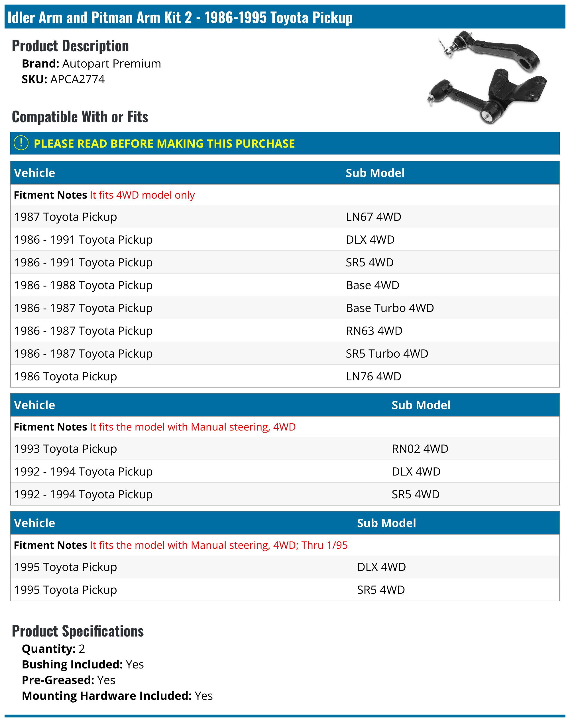 1986-1995 Toyota Pickup Idler Arm - Autopart Premium APCA2774 ...