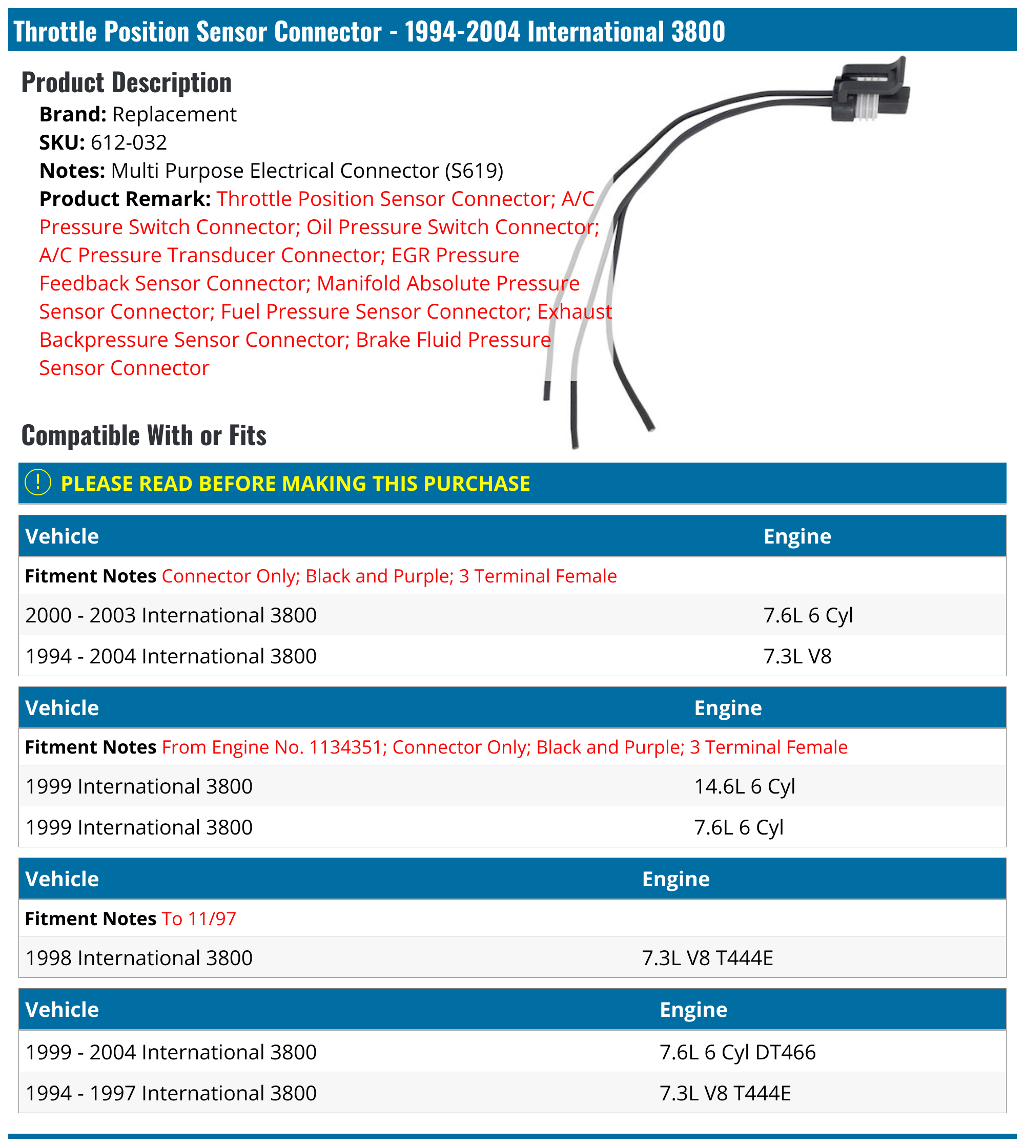 1994-2004 International 3800 Throttle Position Sensor Connector ...