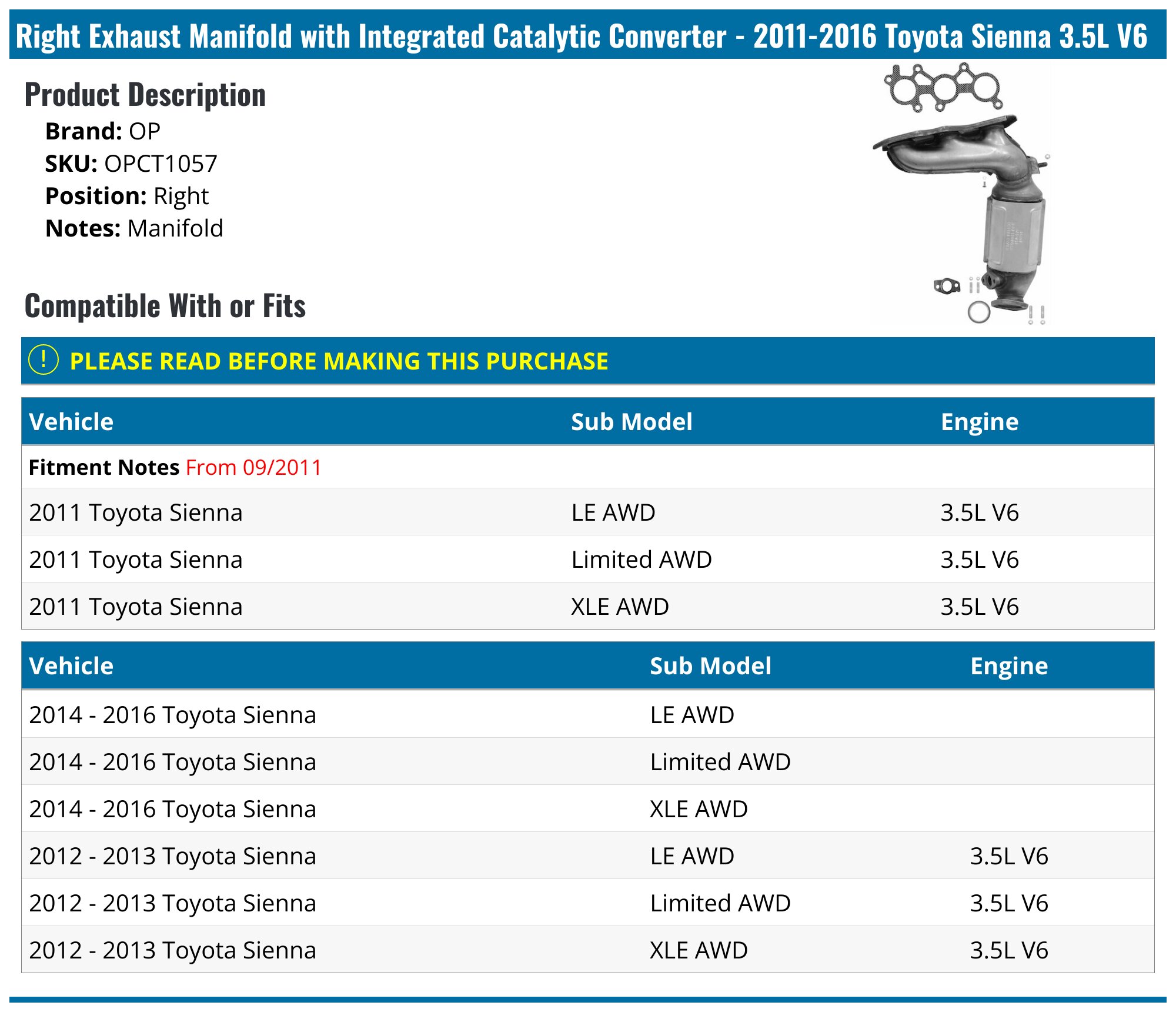 2011-2016 Toyota Sienna Catalytic Converter - OP OPCT1057 - Right ...