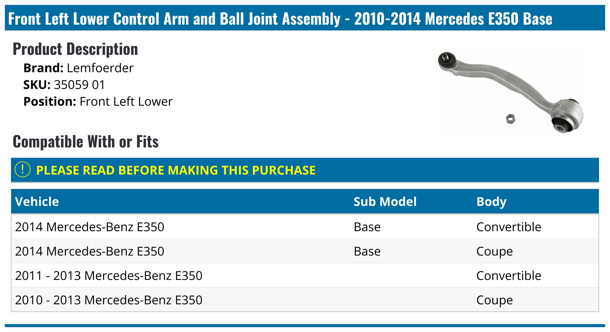 2010-2014 Mercedes E350 Control Arm - Lemfoerder 35059 01 - Front Left ...