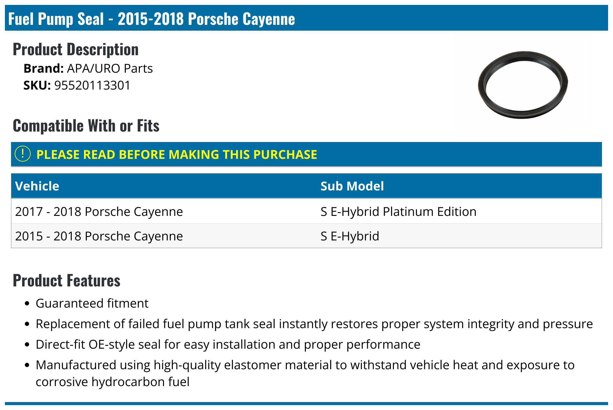 2015-2018 Porsche Cayenne Fuel Pump Seal - APA/URO Parts 95520113301 ...