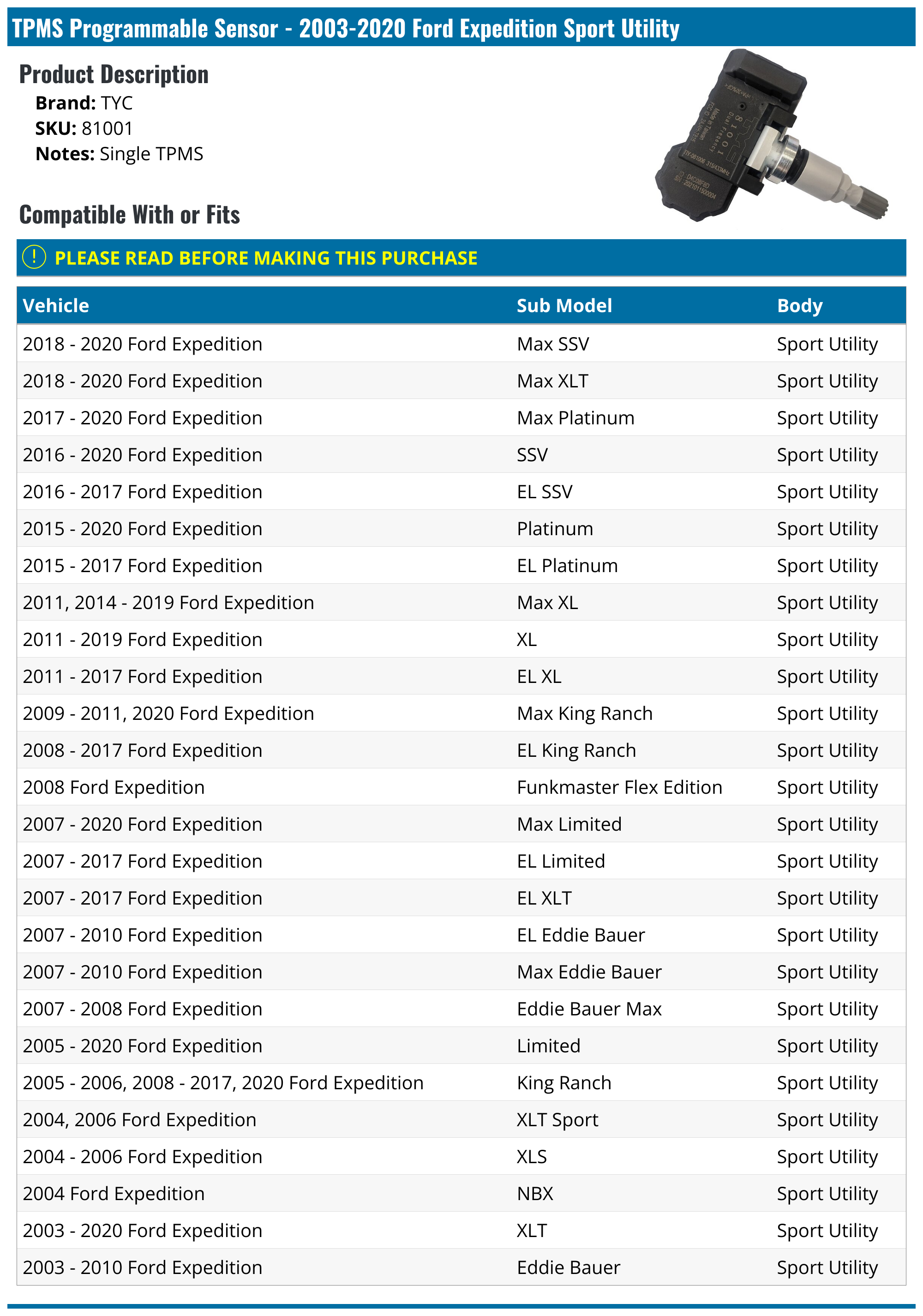 2003-2020 Ford Expedition Tire Pressure Monitoring Sensor - TYC 81001 ...
