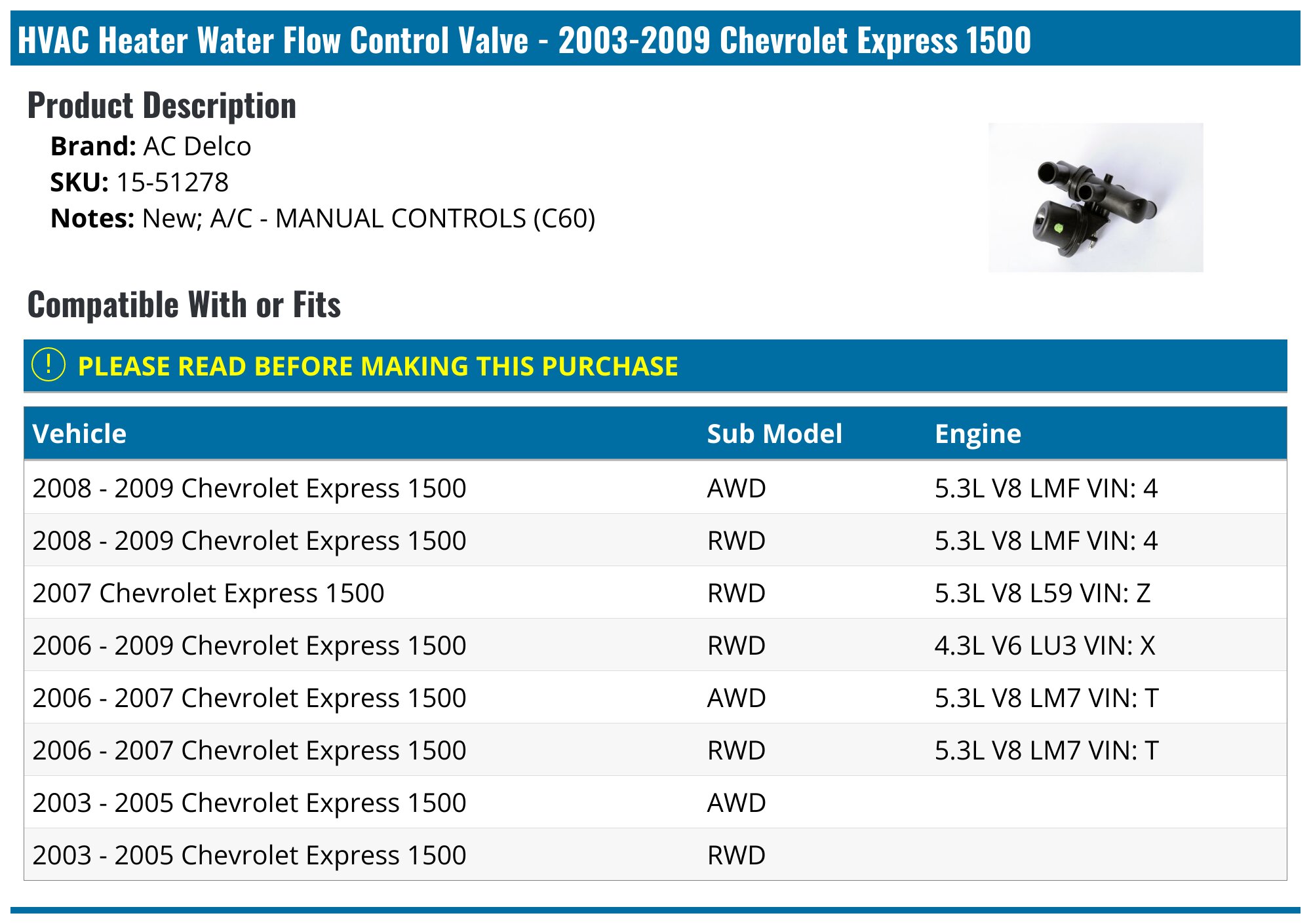 2003-2009 Chevrolet Express 1500 Heater Valve - AC Delco 15-51278 ...