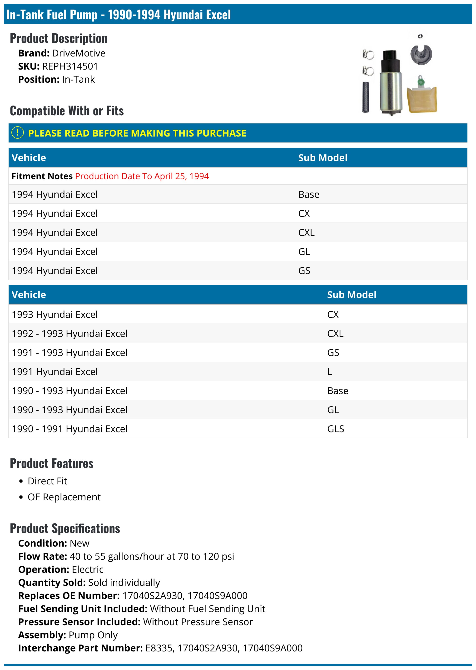 1990-1994 Hyundai Excel Fuel Pump - DriveMotive REPH314501 - In-Tank ...