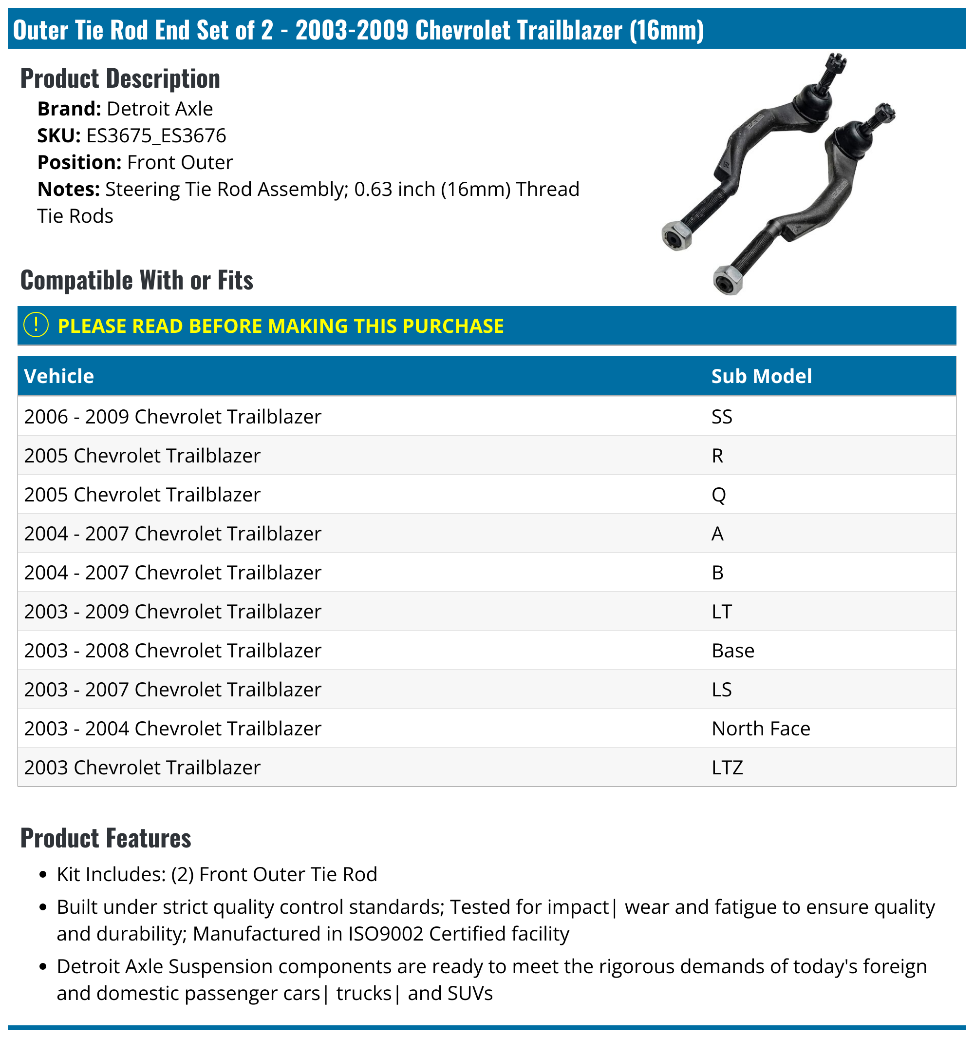 2003-2009 Chevrolet Trailblazer Tie Rod End - Detroit Axle ES3675 ...