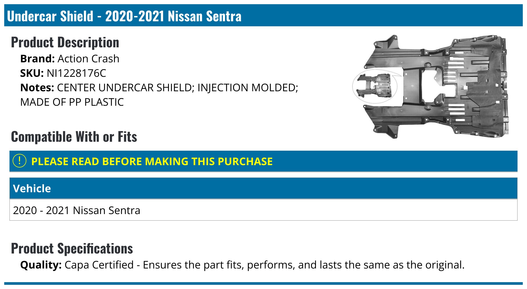 2020-2025 Nissan Sentra Lower Engine Cover - Action Crash NI1228176C ...