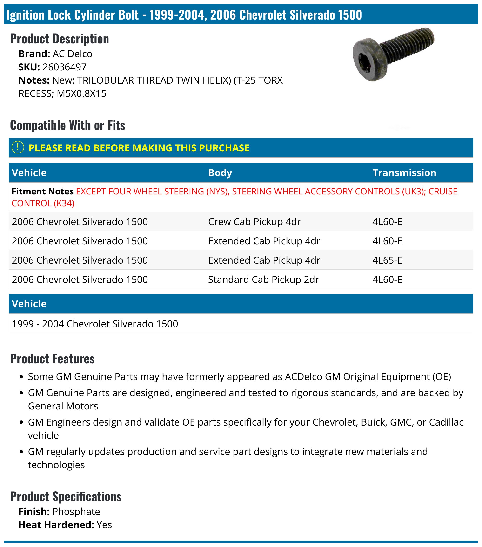 1999-2006 Chevrolet Silverado 1500 Ignition Lock Cylinder Bolt - AC ...