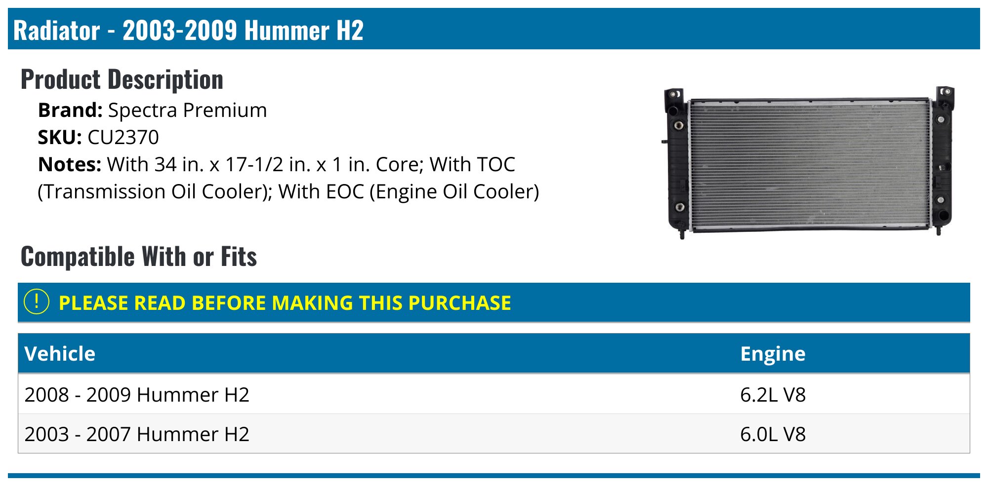 2003-2009 Hummer H2 Radiator - Spectra Premium CU2370 - PartsGeek.com