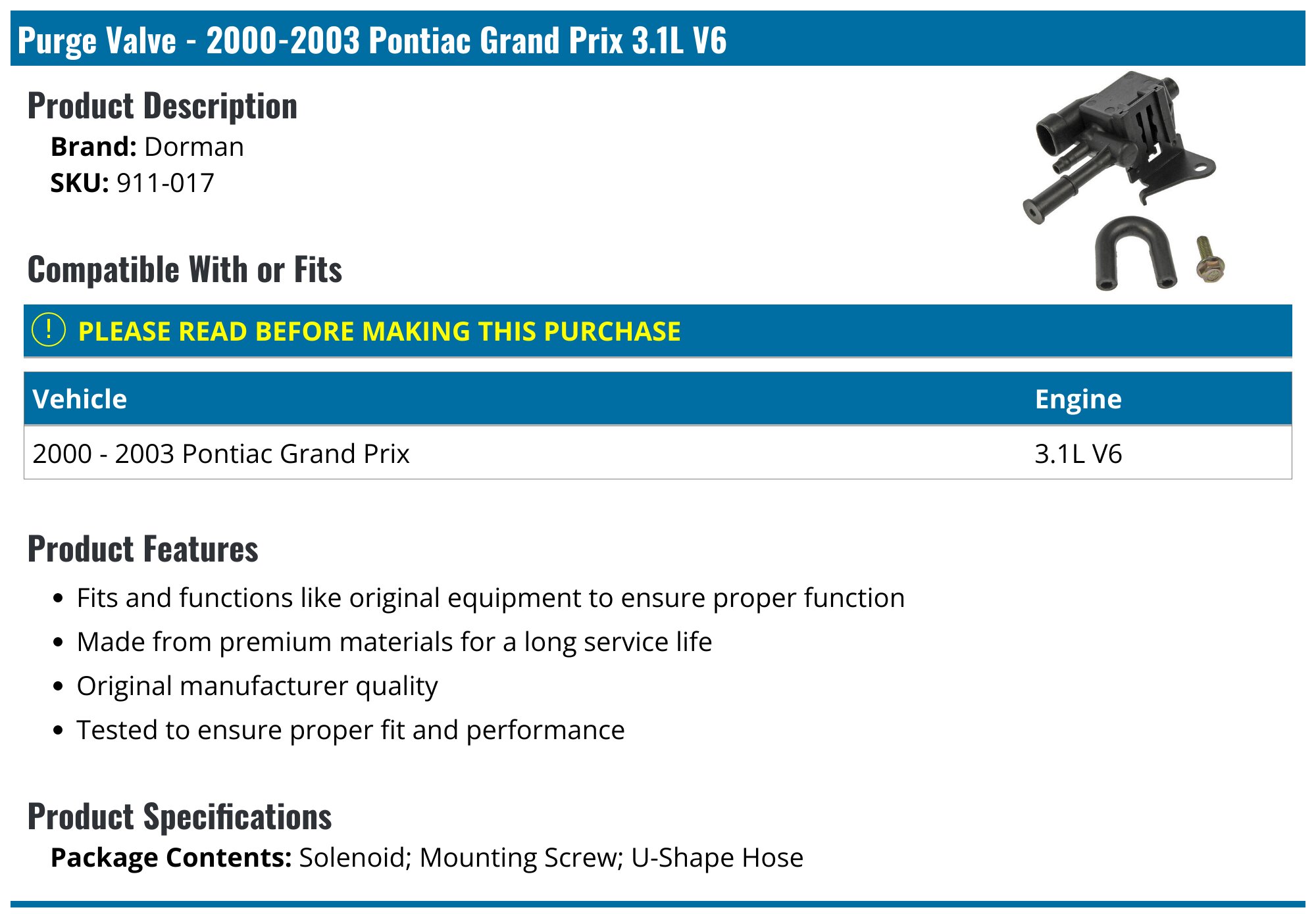 2000-2003 Pontiac Grand Prix Purge Valve - Dorman 911-017 - PartsGeek.com