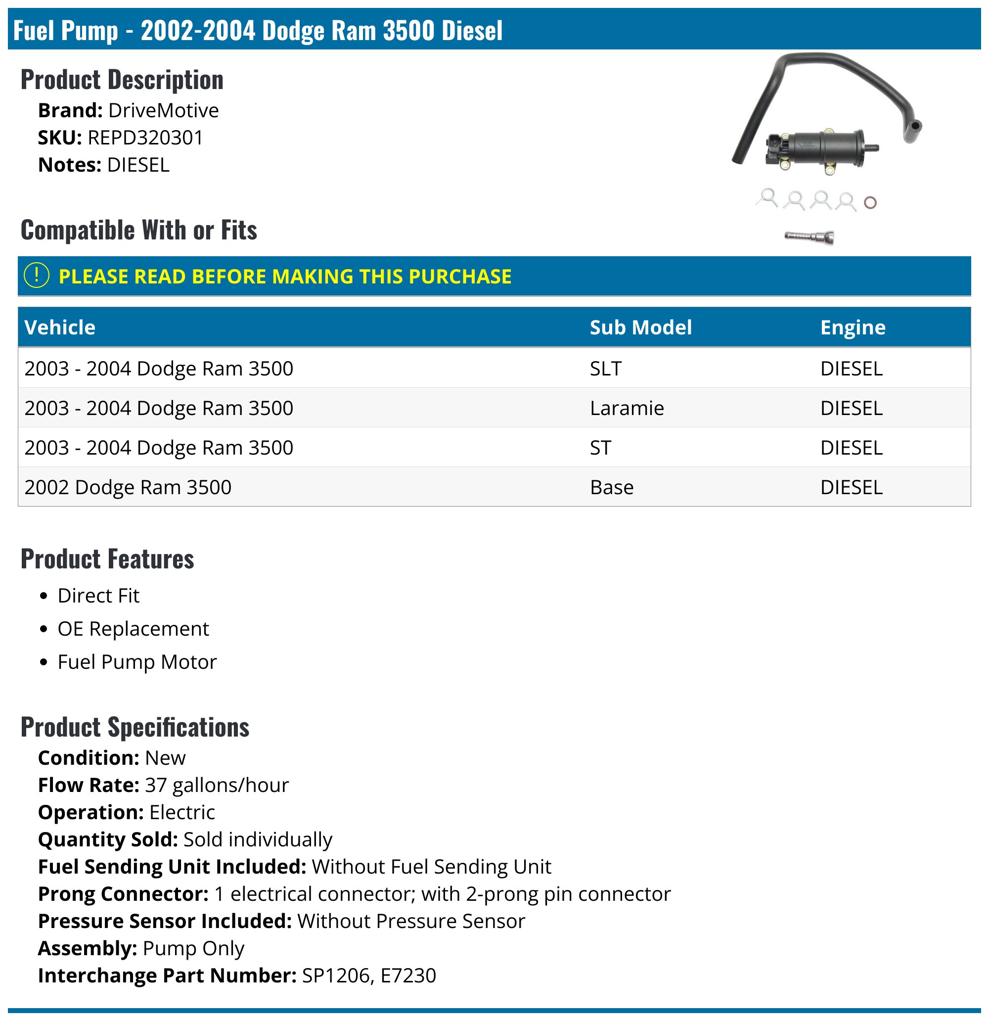 2002-2004 Dodge Ram 3500 Fuel Pump - DriveMotive REPD320301 - PartsGeek.com