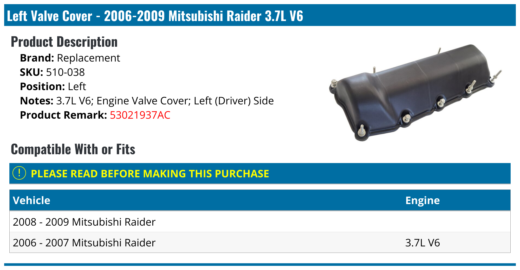 2006-2009 Mitsubishi Raider Valve Cover - Replacement 510-038 - Left ...