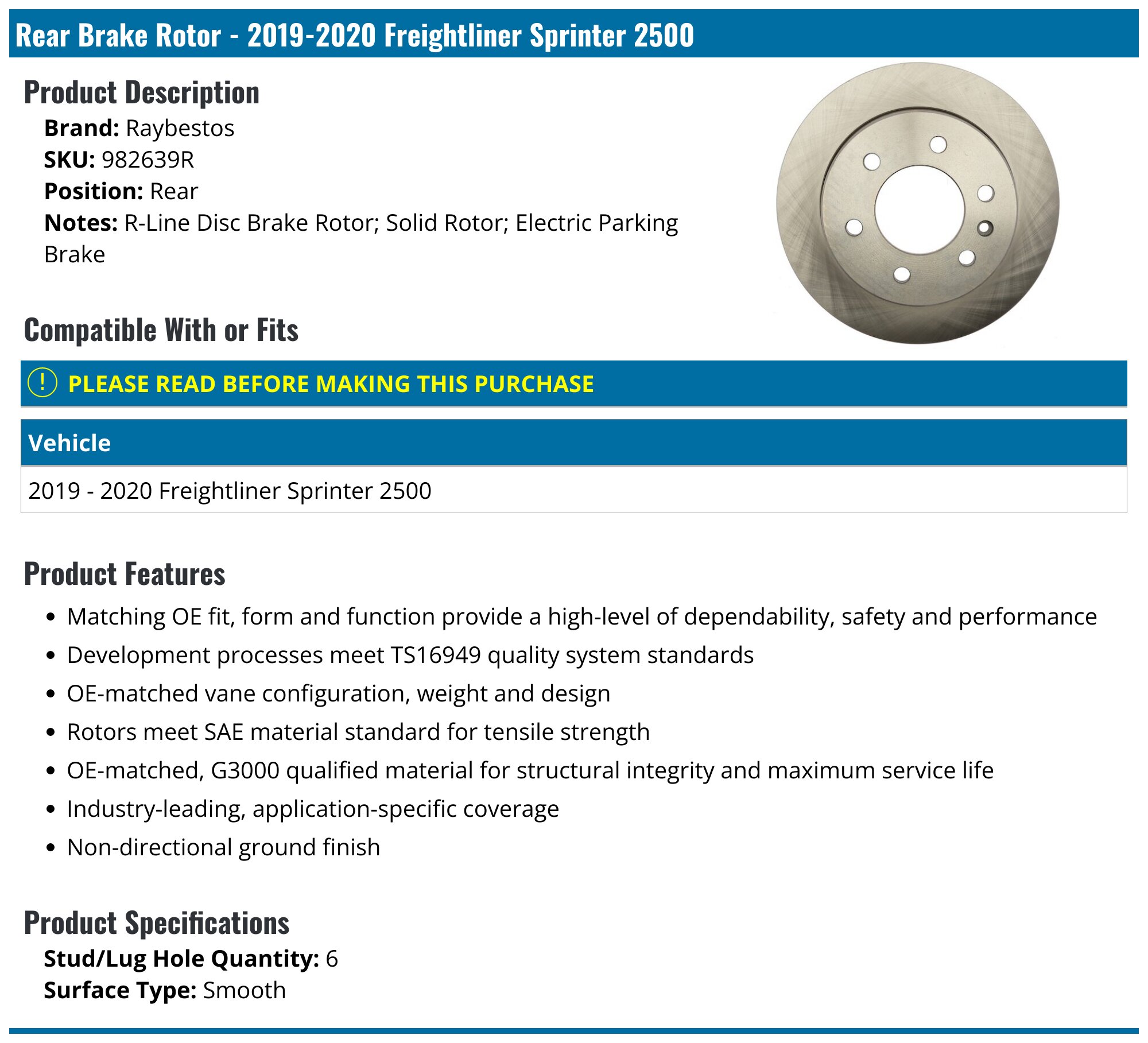 2019-2021 Freightliner Sprinter 2500 Brake Rotor - Raybestos 982639R ...