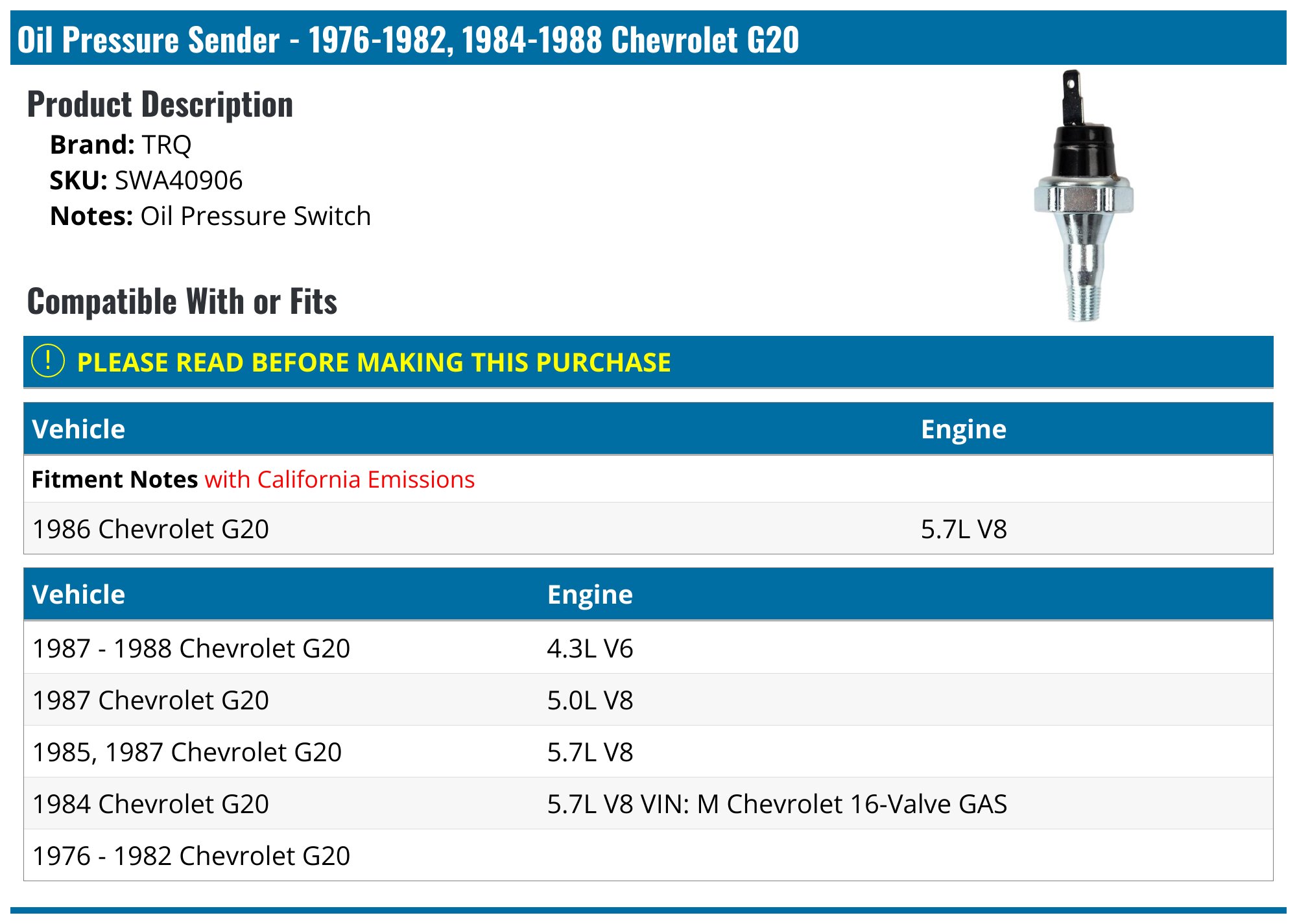 1976-1982, 1984-1988 Chevrolet G20 Oil Pressure Sender - TRQ SWA40906 ...