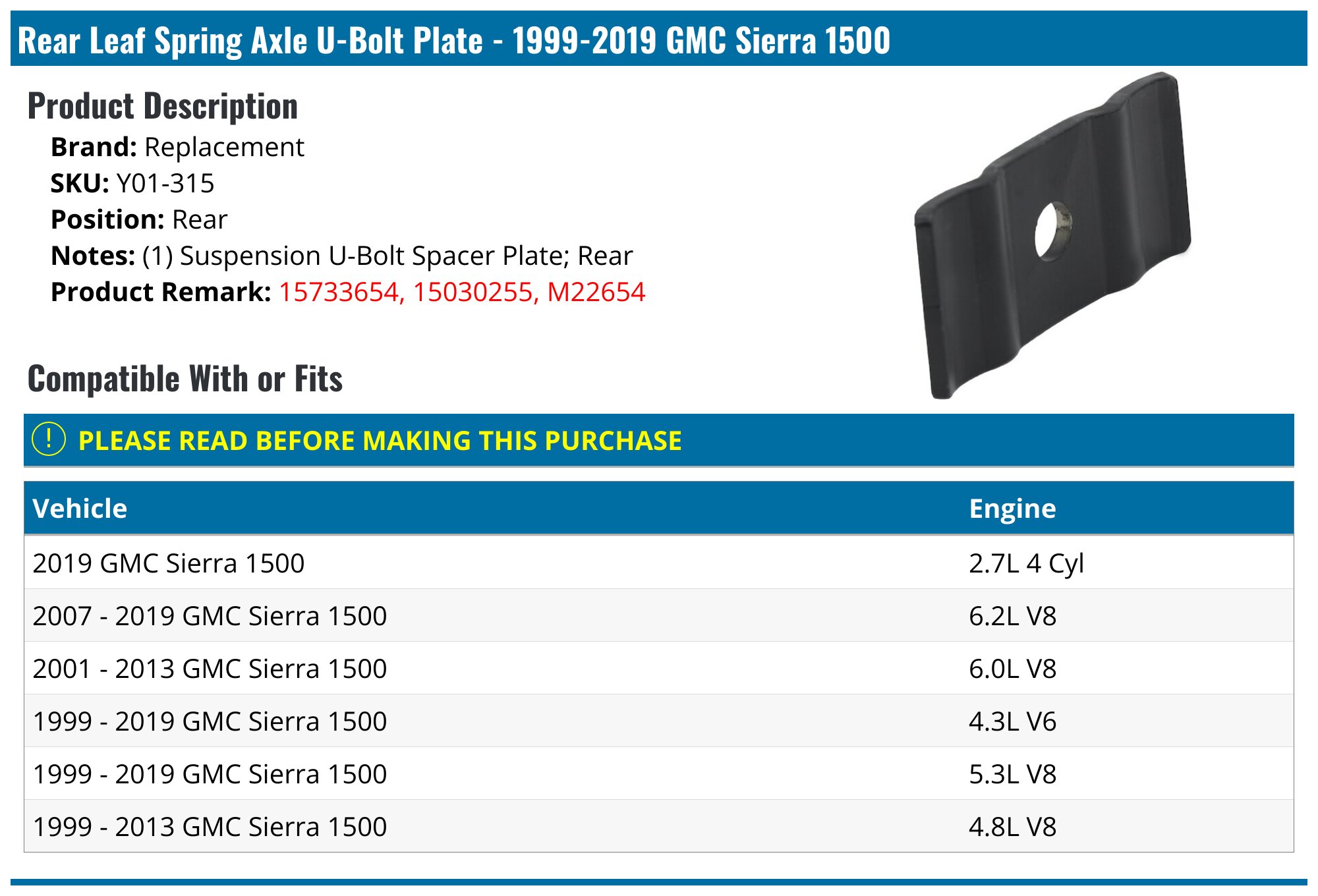 1999-2019 GMC Sierra 1500 Leaf Spring Axle U-Bolt Plate - Replacement ...