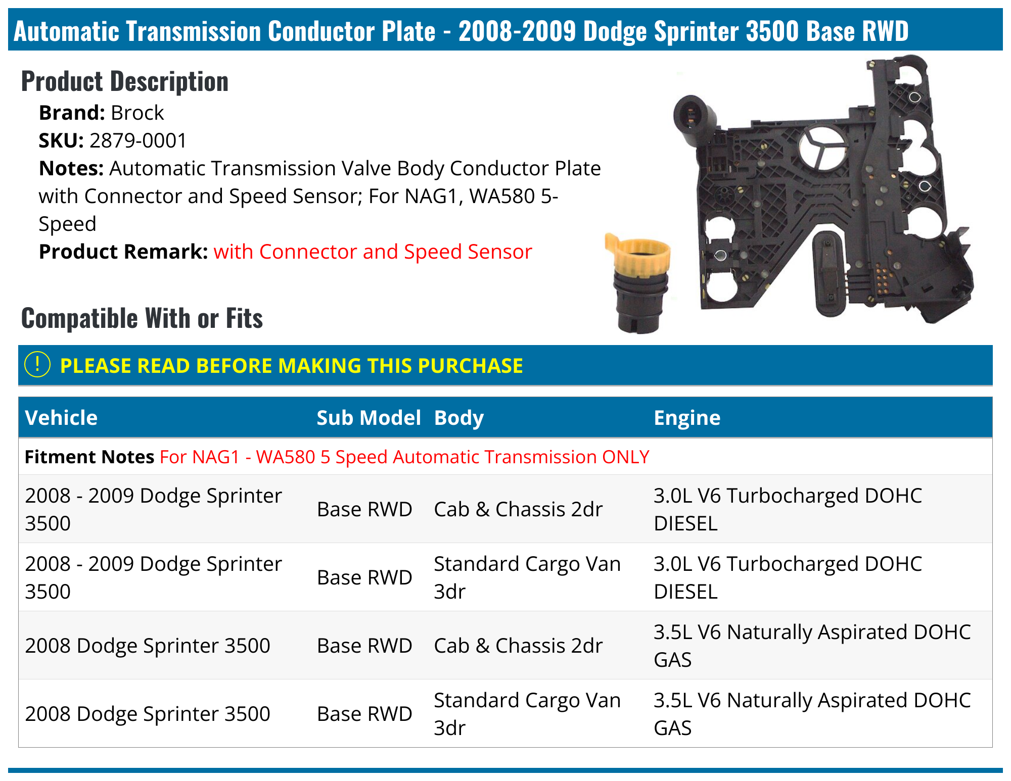 2008-2009 Dodge Sprinter 3500 Automatic Transmission Conductor Plate ...