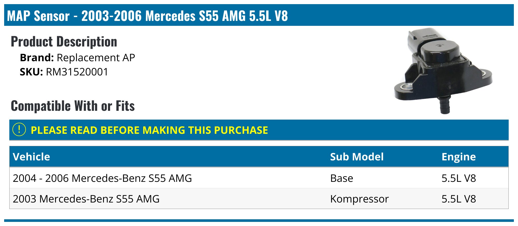 2003-2006 Mercedes S55 AMG MAP Sensor - Replacement AP RM31520001 ...