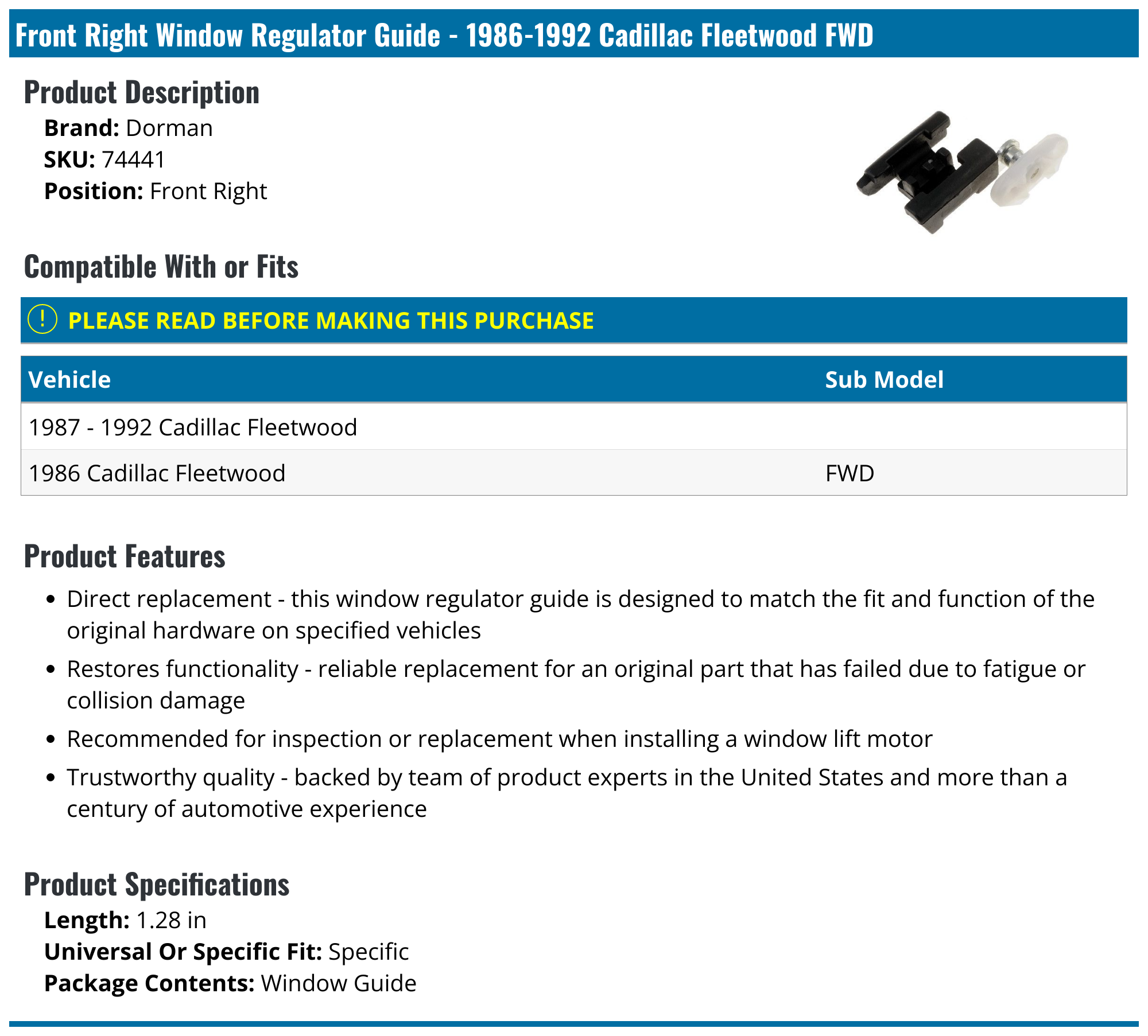 1986-1992 Cadillac Fleetwood Window Regulator Guide - Dorman 74441 ...