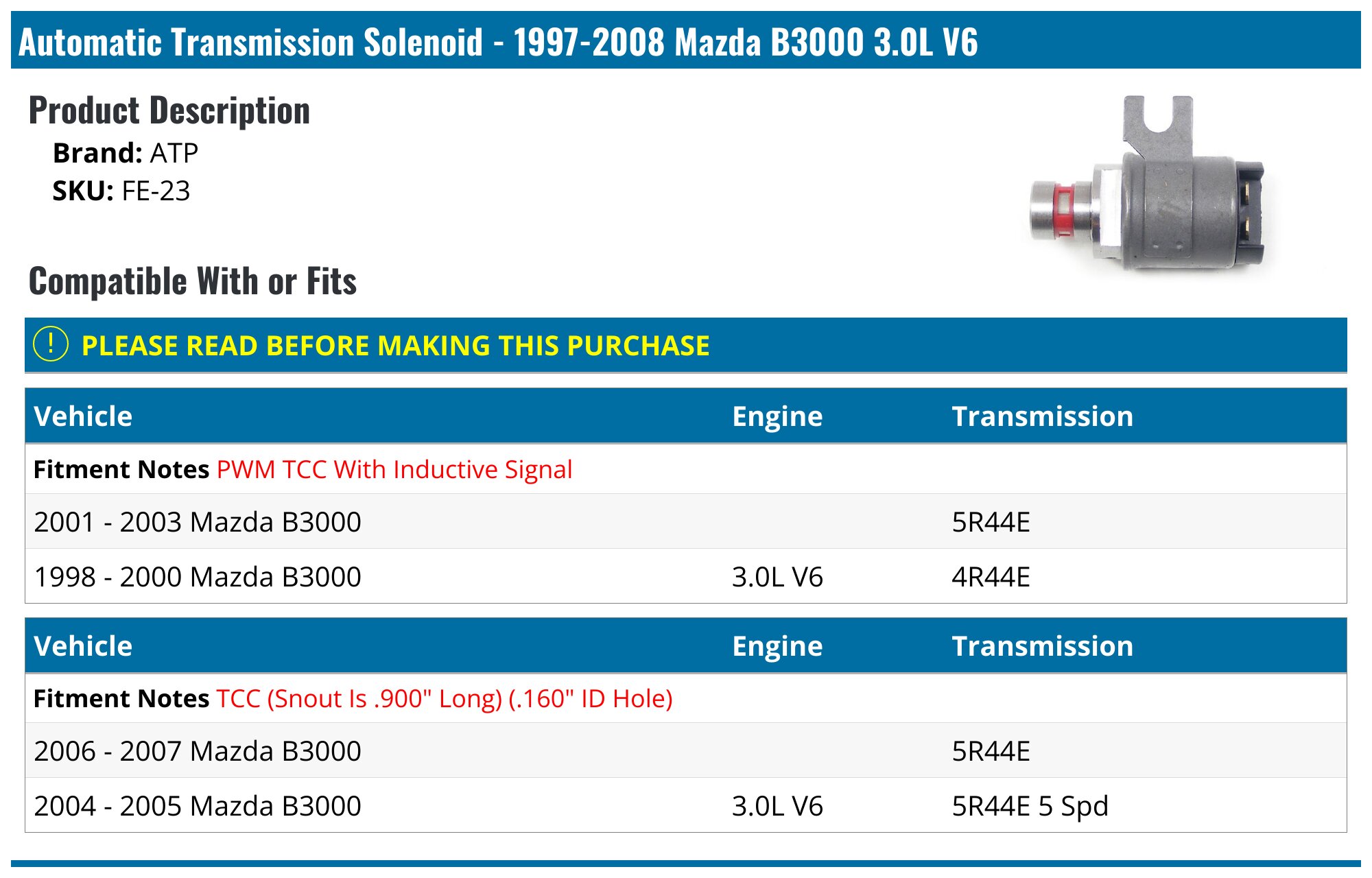 1997-2008 Mazda B3000 Automatic Transmission Solenoid - ATP FE-23 ...