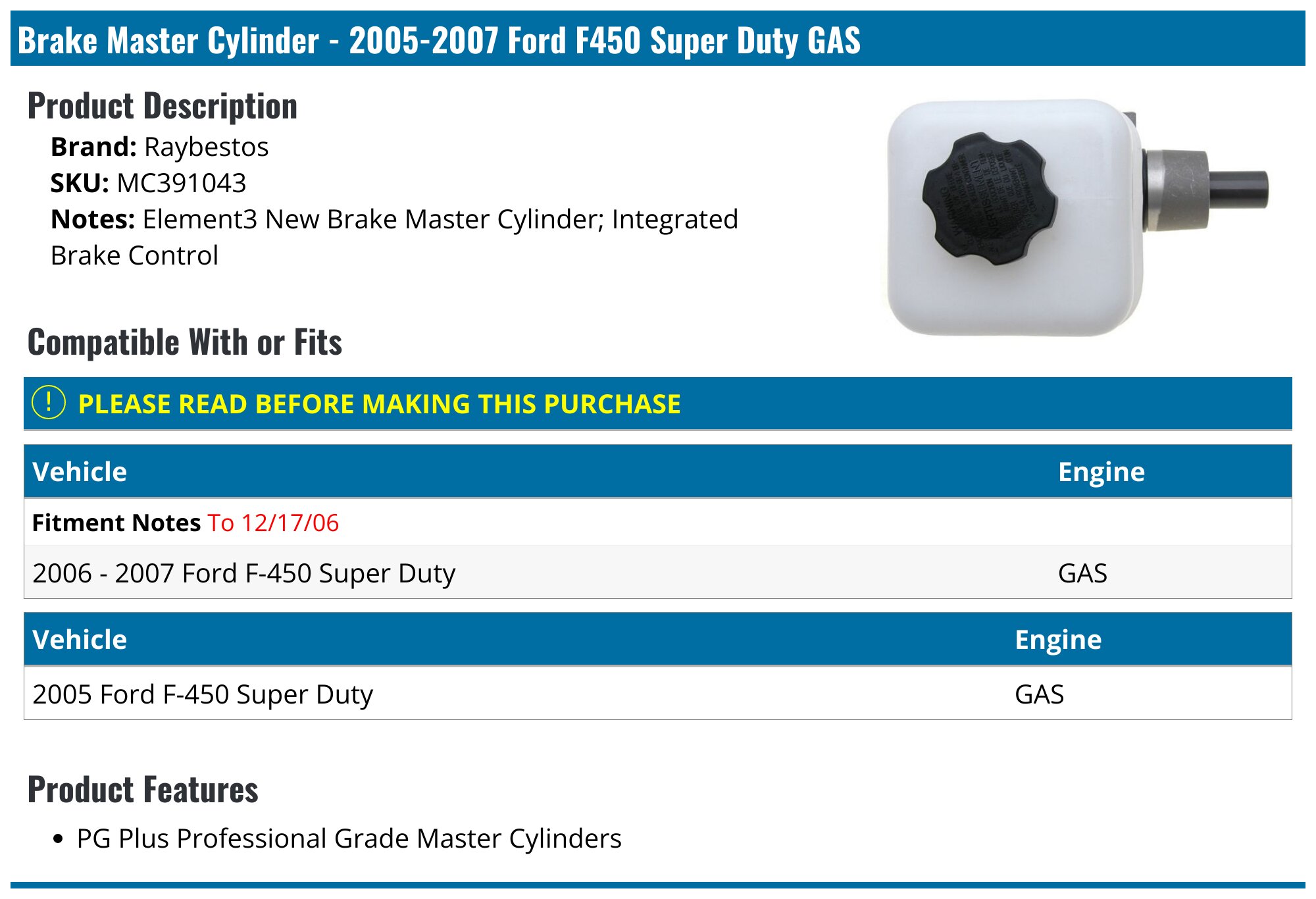 2005-2007 Ford F450 Super Duty Brake Master Cylinder - Raybestos ...