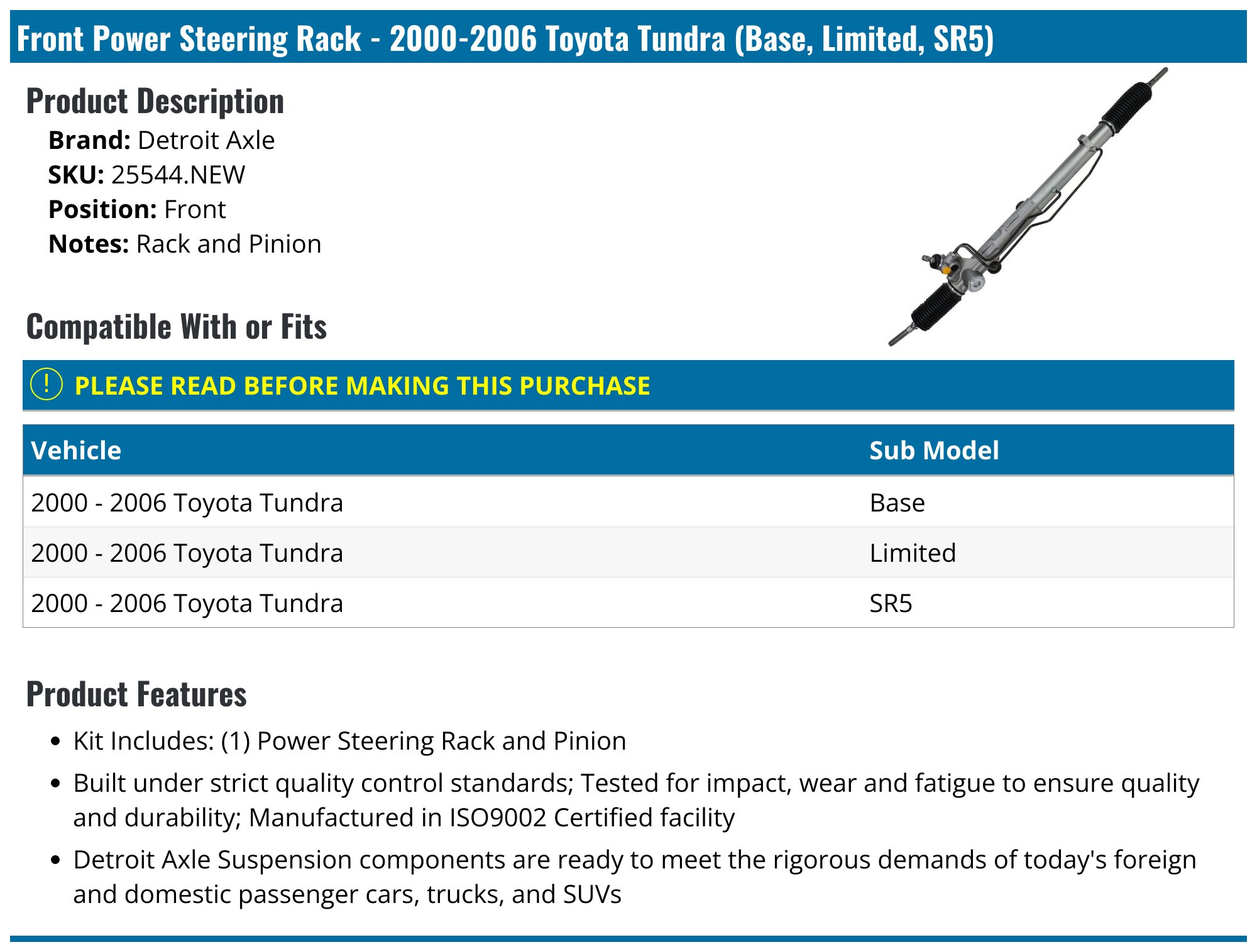 2000-2006 Toyota Tundra Steering Rack - Detroit Axle 25544.NEW - Front ...