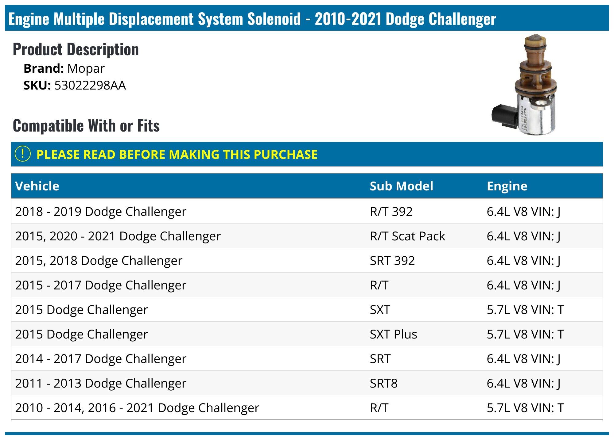 2010-2021 Dodge Challenger Engine Multiple Displacement System Solenoid ...