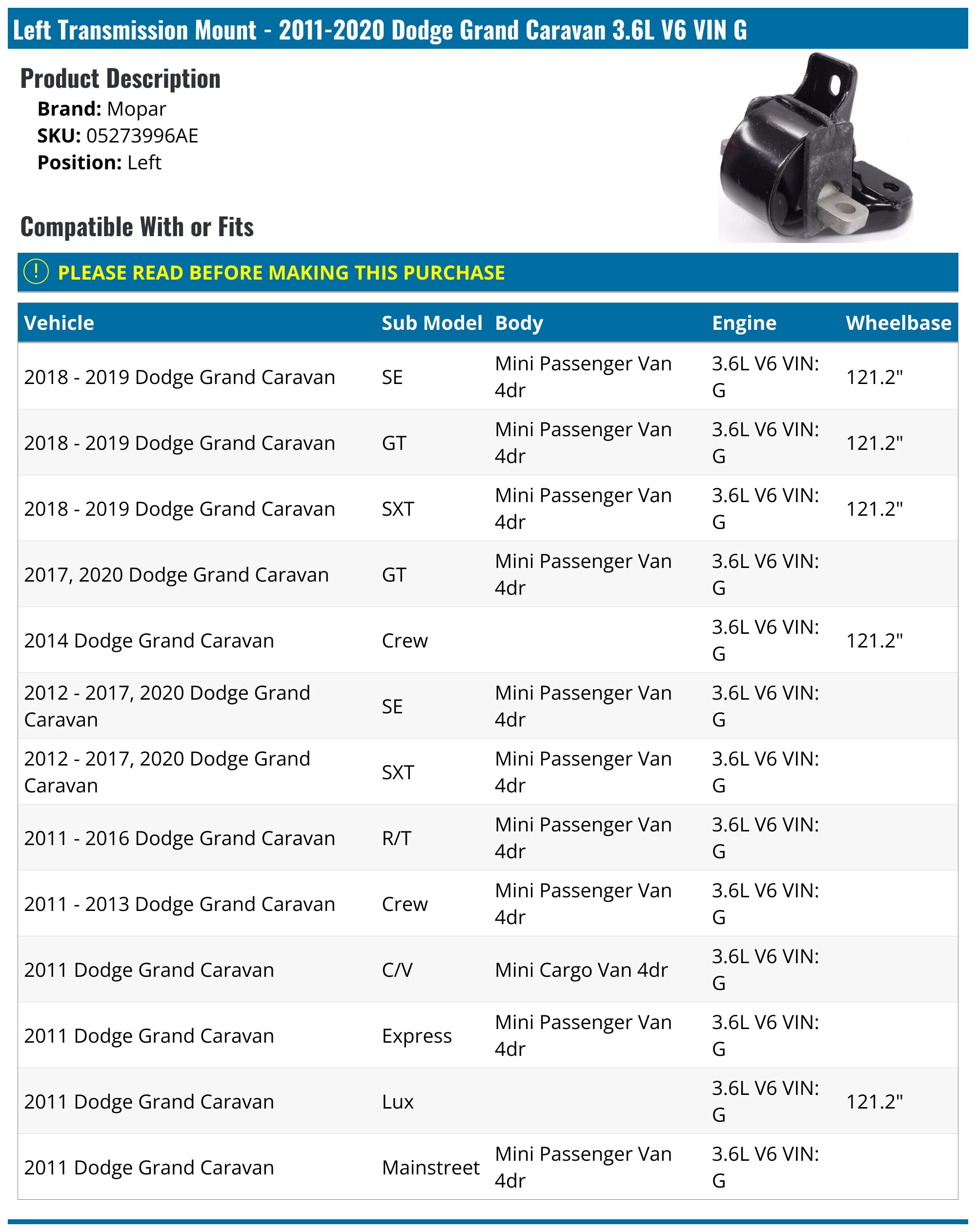 2011-2020 Dodge Grand Caravan Transmission Mount - Mopar 05273996AE ...