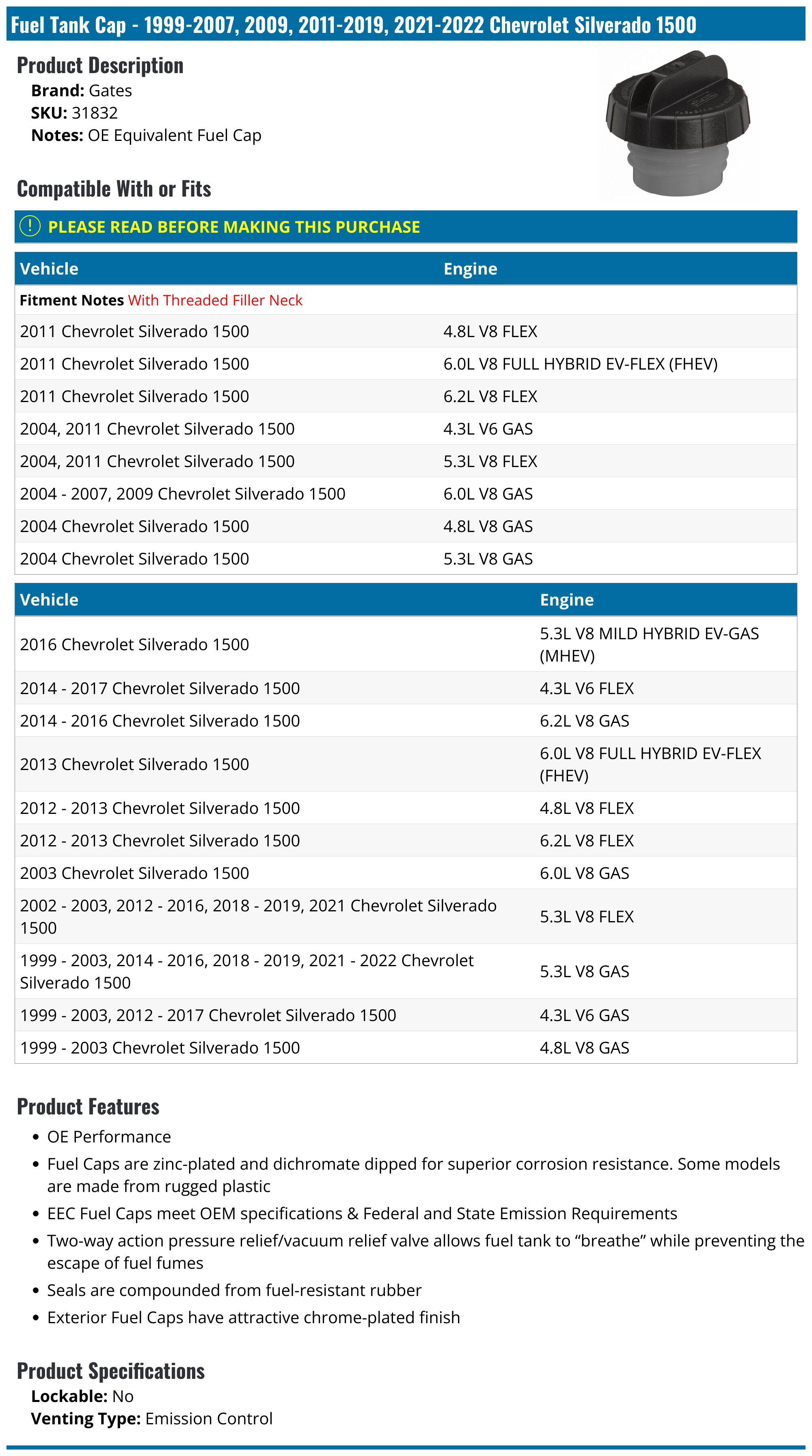 1999-2007, 2009, 2011-2019, 2021-2022, 2025 Chevrolet Silverado 1500 ...
