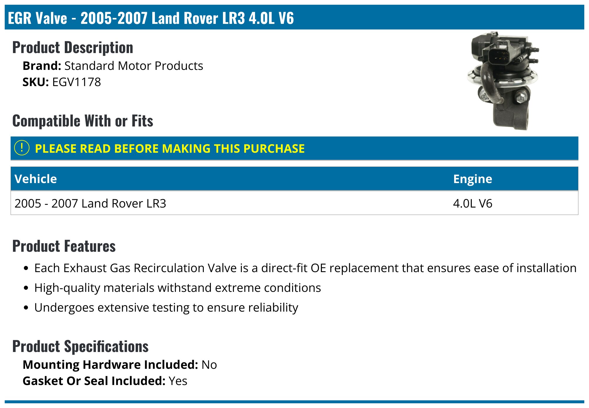 2005-2007 Land Rover LR3 EGR Valve - Standard Motor Products EGV1178 ...