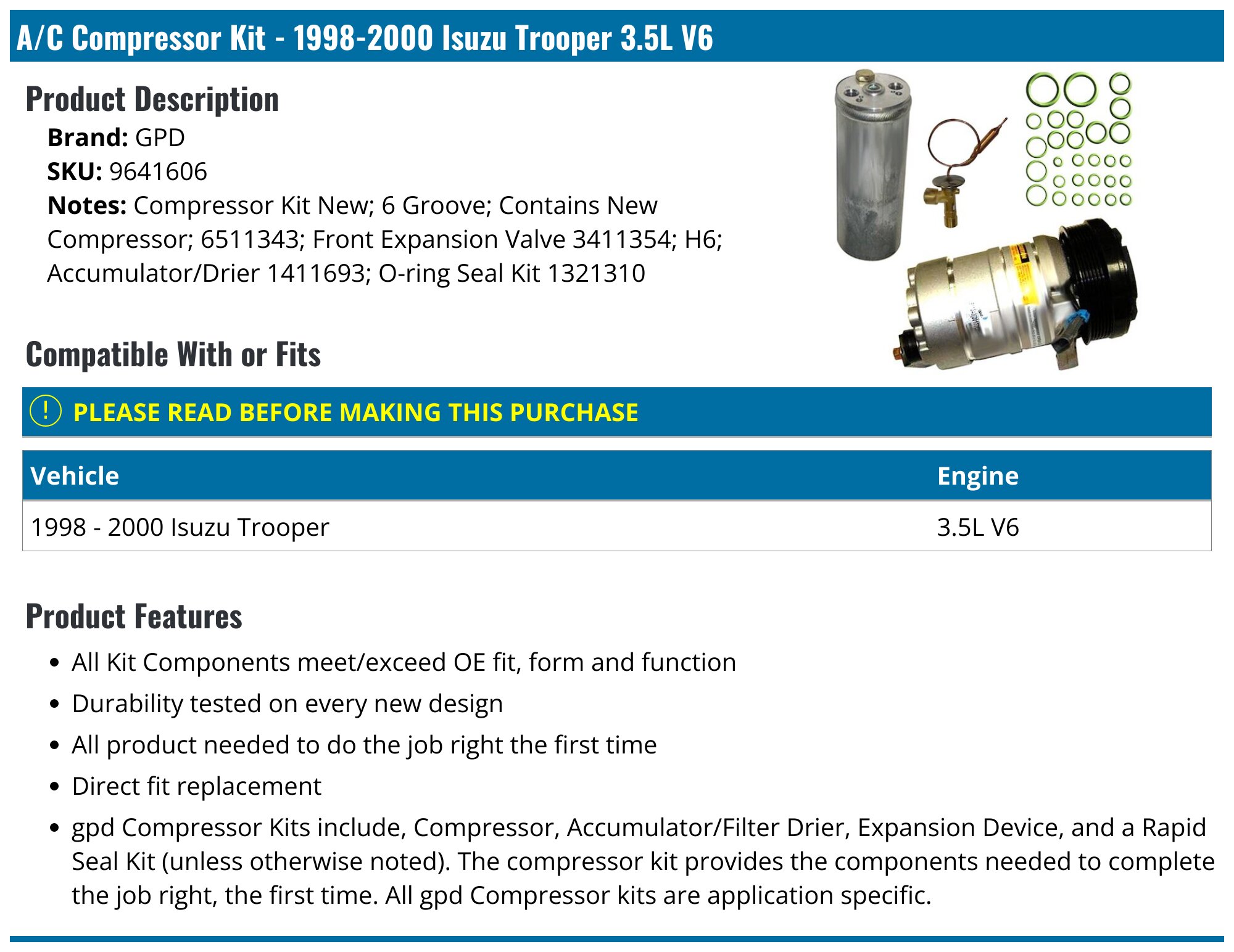 1998-2000 Isuzu Trooper A/C Compressor - GPD 9641606 - PartsGeek.com