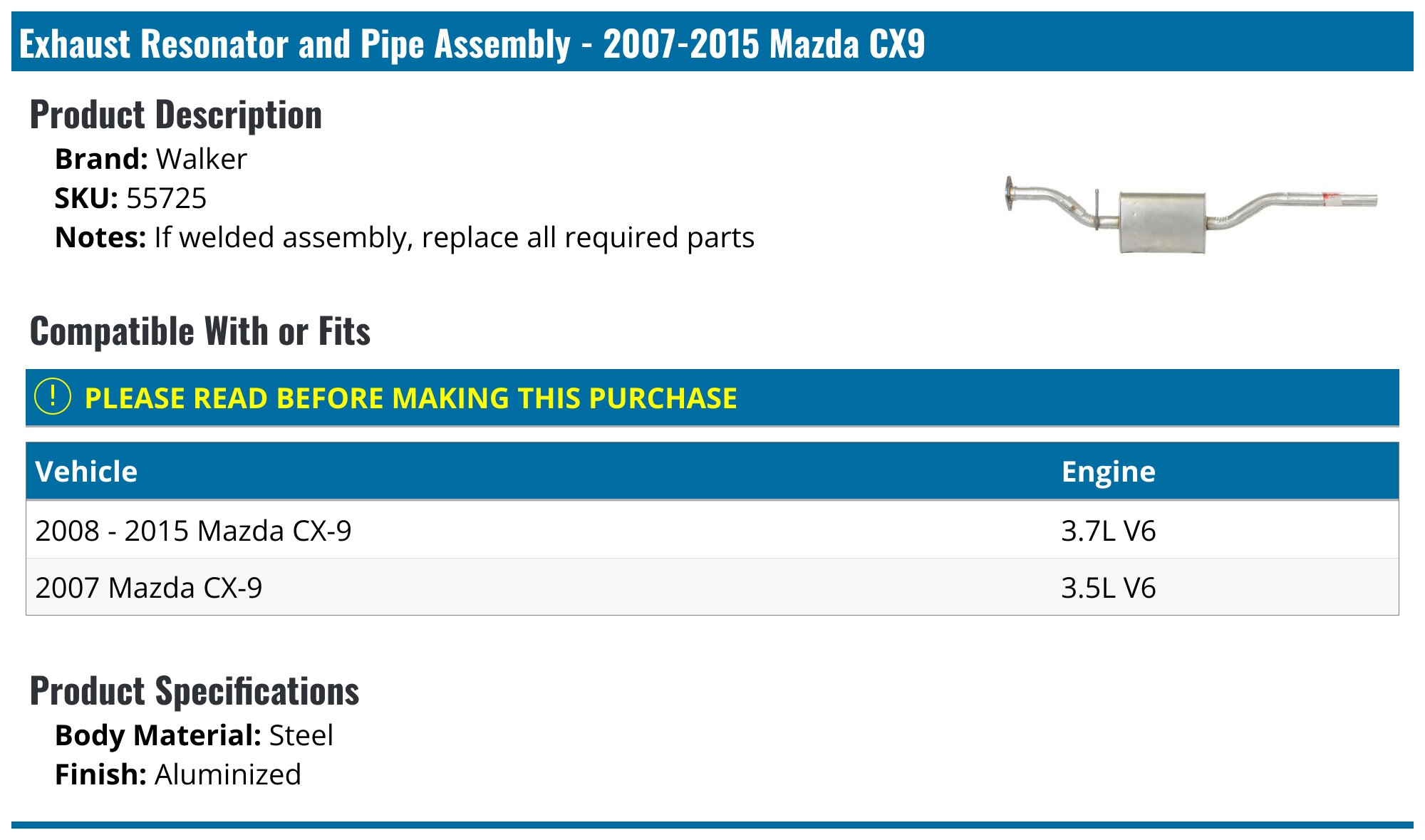 2007-2015 Mazda CX9 Exhaust Resonator - Walker 55725 - PartsGeek.com