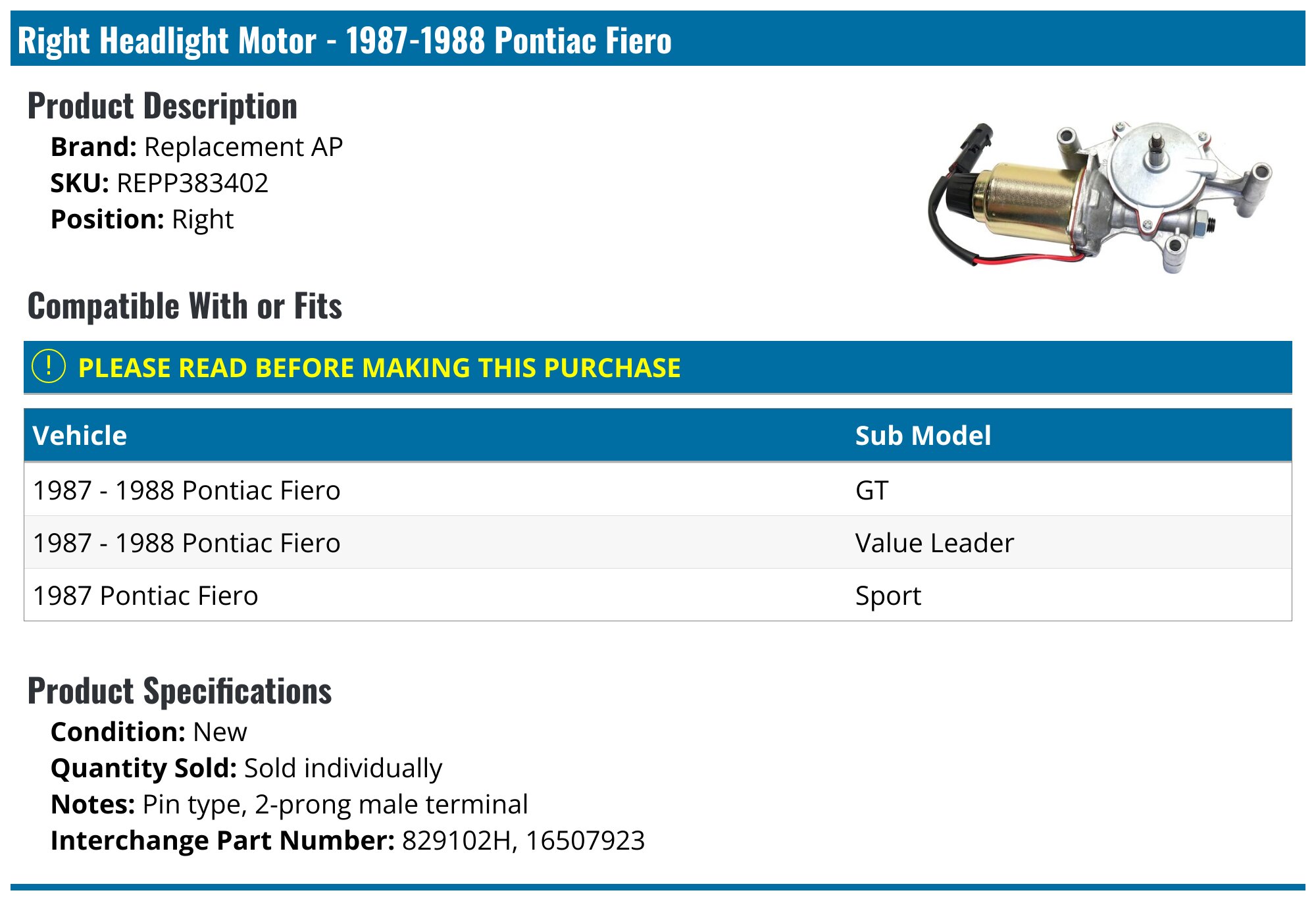 1987-1988 Pontiac Fiero Headlight Motor - Replacement AP REPP383402 ...
