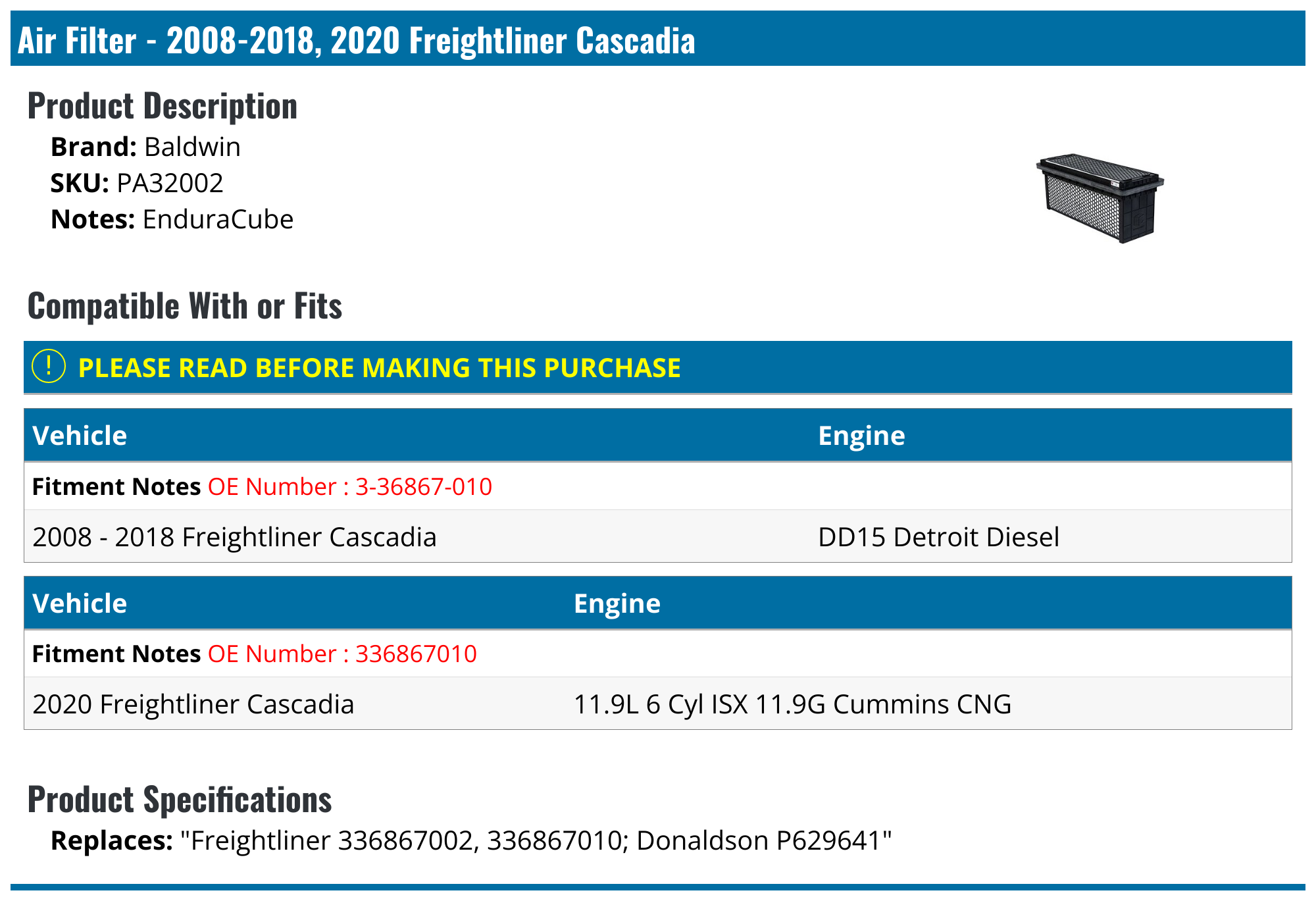 2008-2018, 2020 Freightliner Cascadia Air Filter - Baldwin PA32002 ...