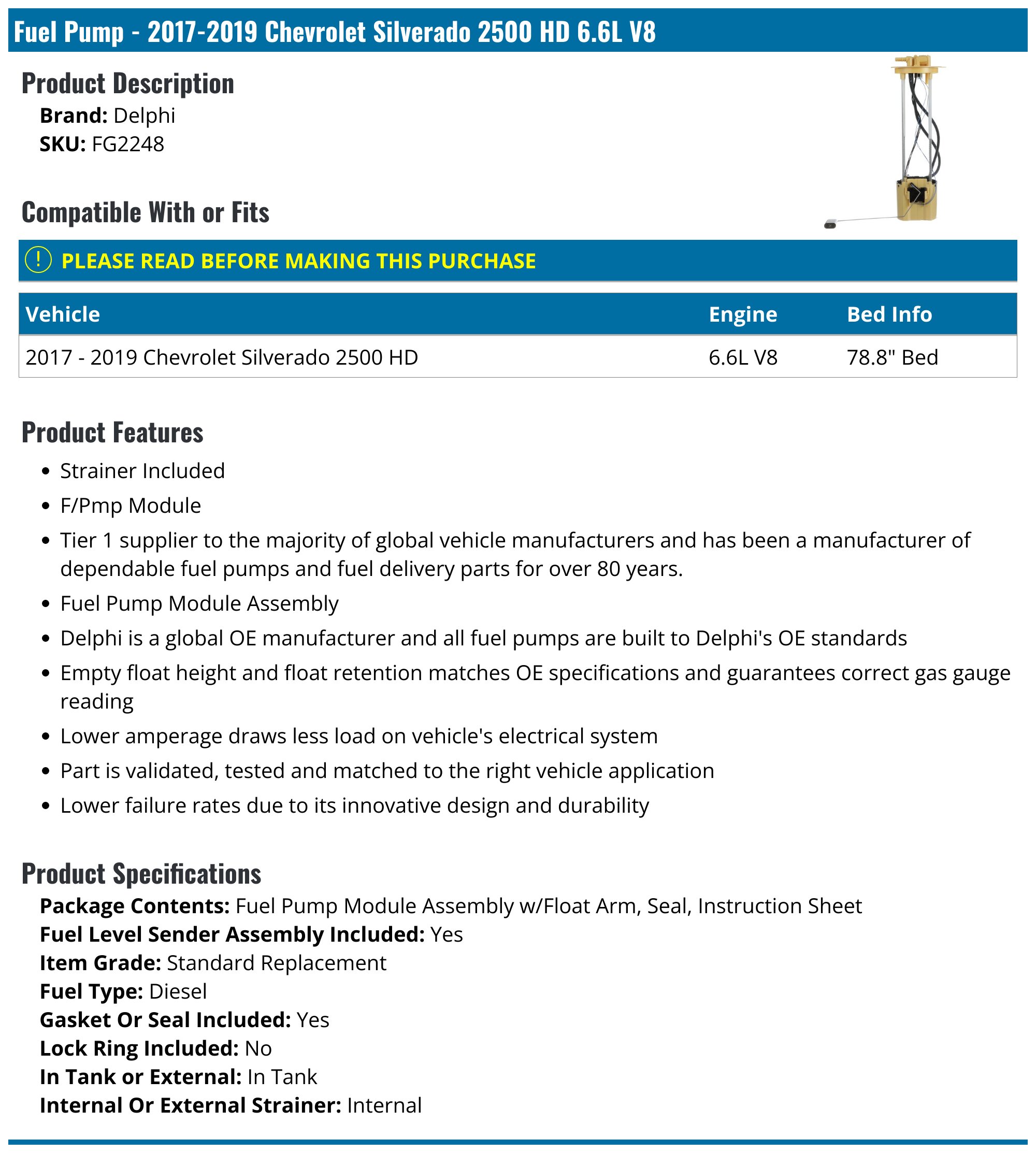 2017-2019 Chevrolet Silverado 2500 HD Fuel Pump - Delphi FG2248 ...