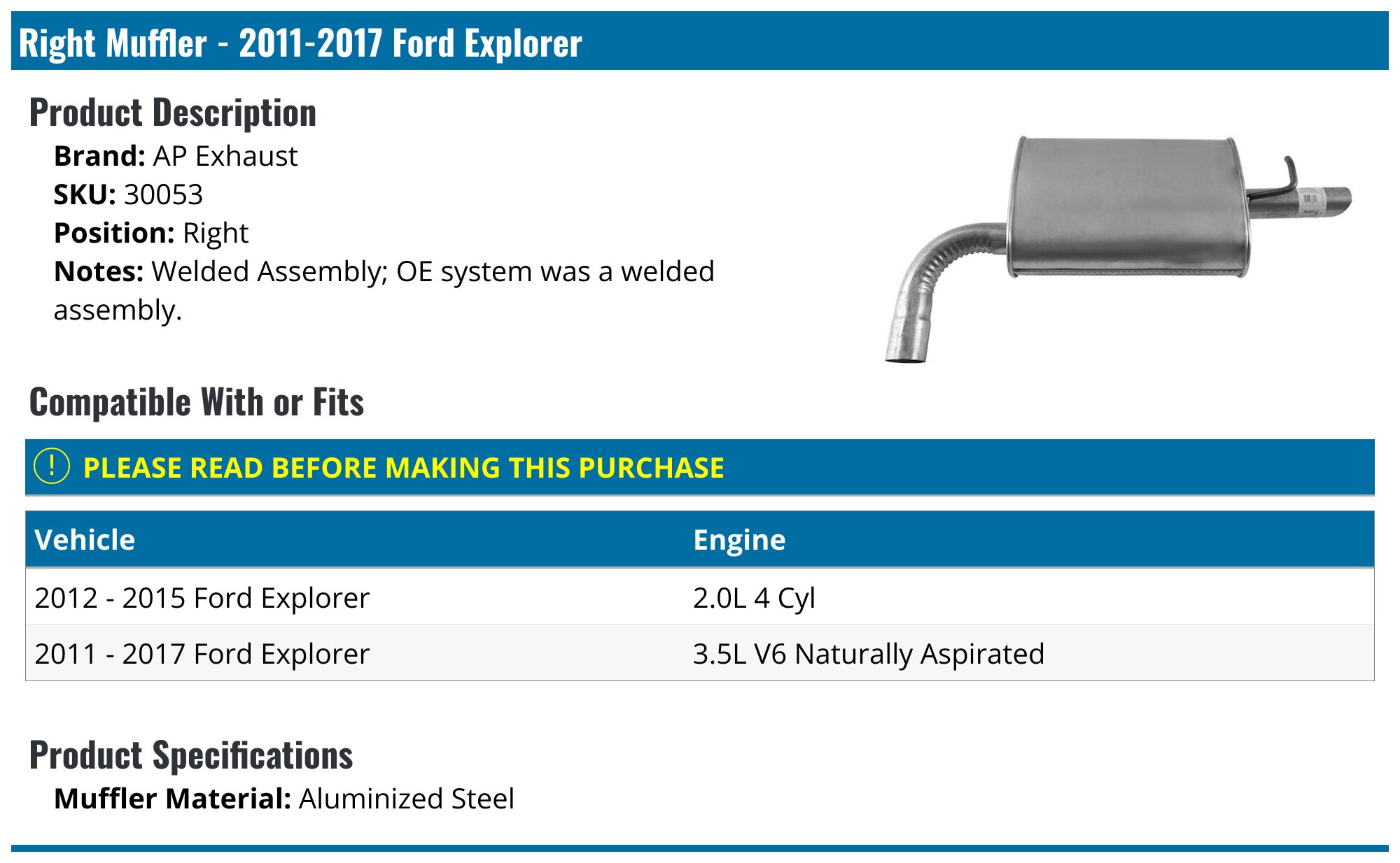 2011-2019 Ford Explorer Muffler - AP Exhaust 30053 - Right - PartsGeek.com