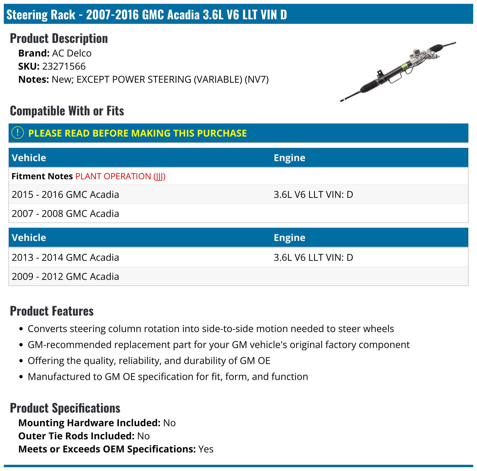 2007-2016 GMC Acadia Steering Rack - AC Delco 23271566 - PartsGeek.com