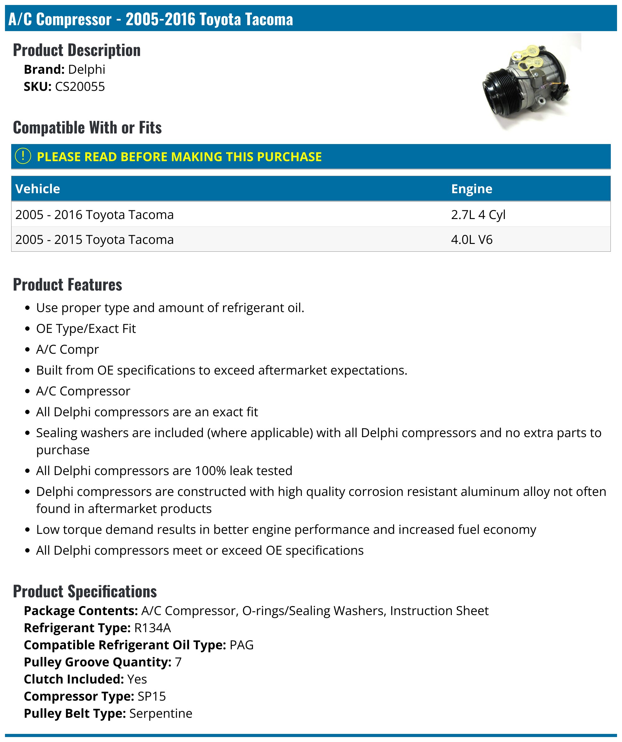 2005-2016 Toyota Tacoma A/C Compressor - Delphi CS20055 - PartsGeek.com