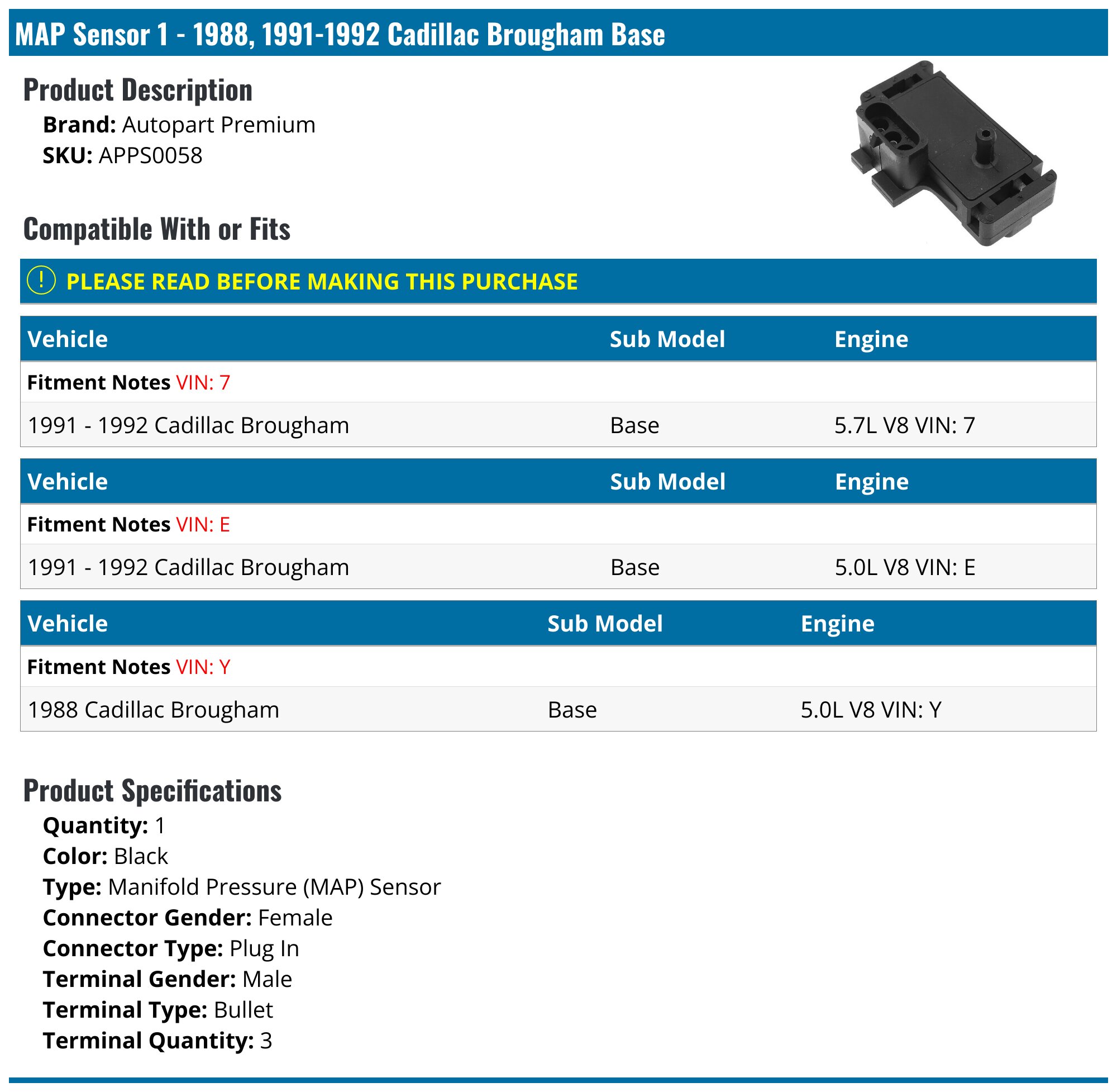 1988, 1991-1992 Cadillac Brougham MAP Sensor - Autopart Premium ...