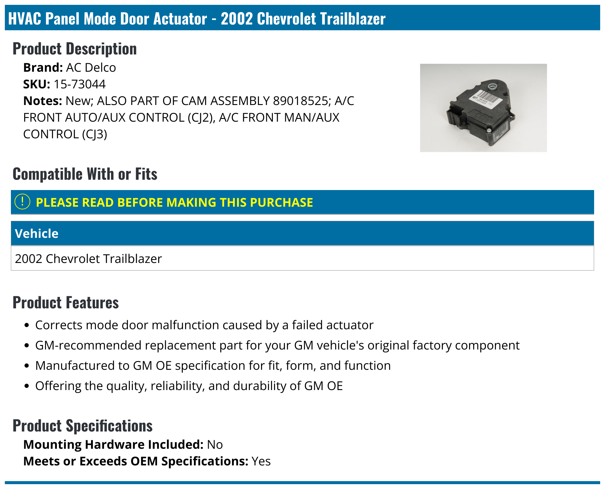 2002 Chevrolet Trailblazer Air Flap Actuator - AC Delco 15-73044 ...