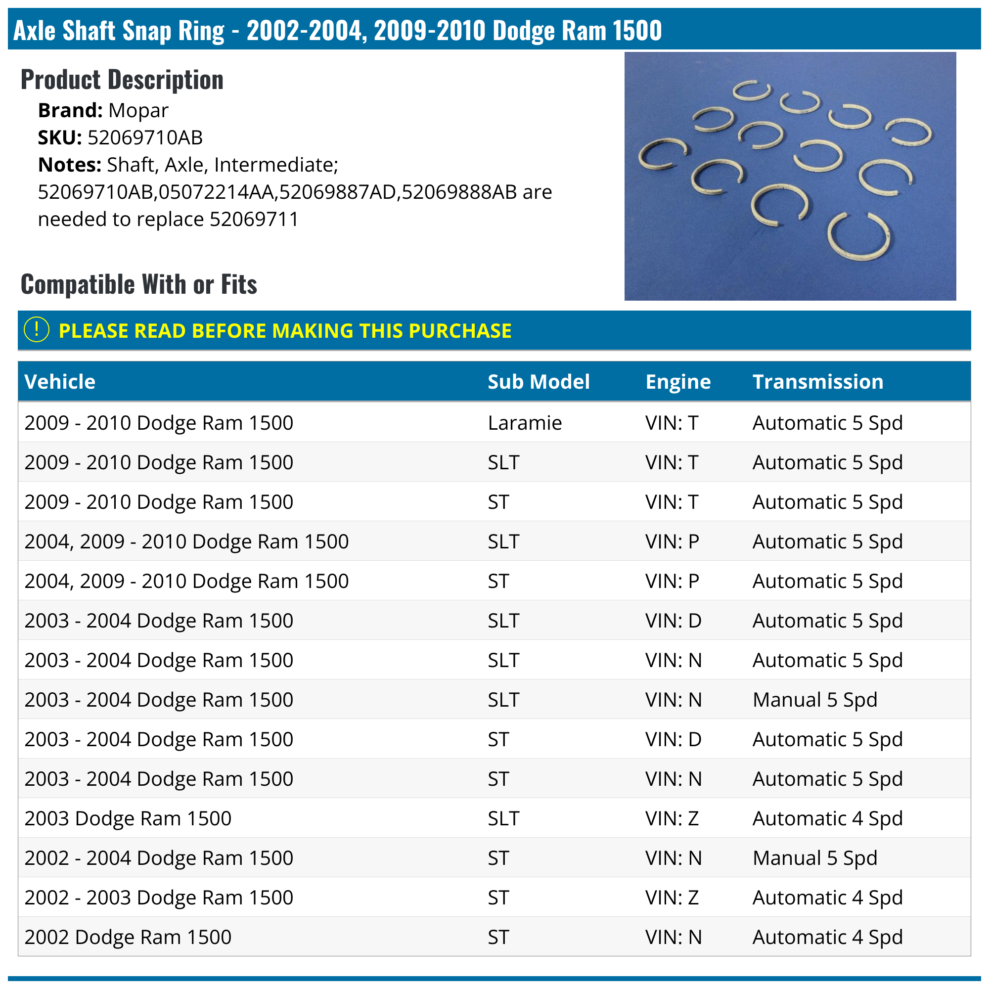 2002-2004, 2010 Dodge Ram 1500 Axle Shaft Snap Ring - Mopar 52069710AB ...