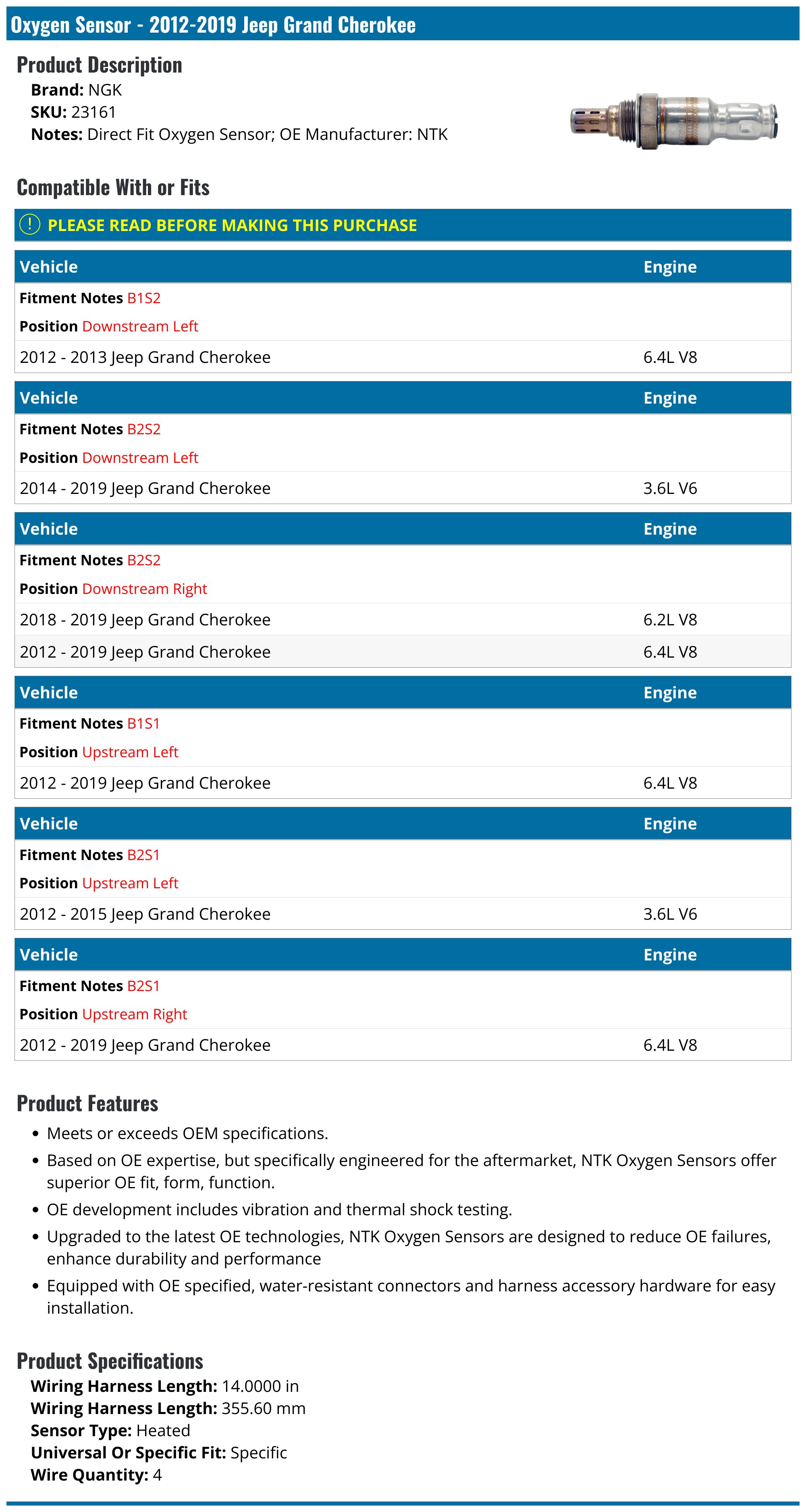 2012-2019 Jeep Grand Cherokee Oxygen Sensor - NGK 23161 - Upstream Left ...