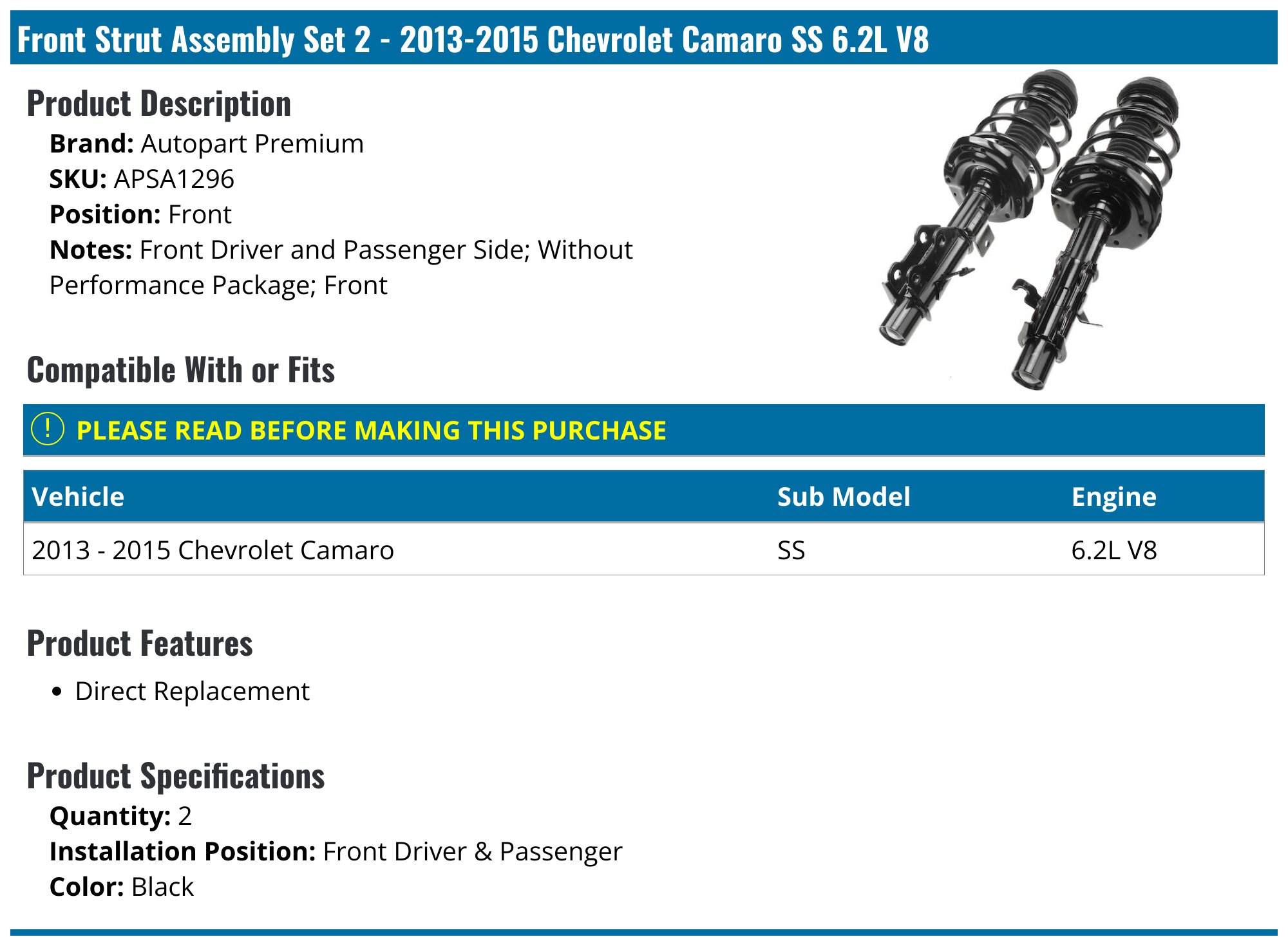 2013-2015 Chevrolet Camaro Strut Assembly - Autopart Premium APSA1296 ...