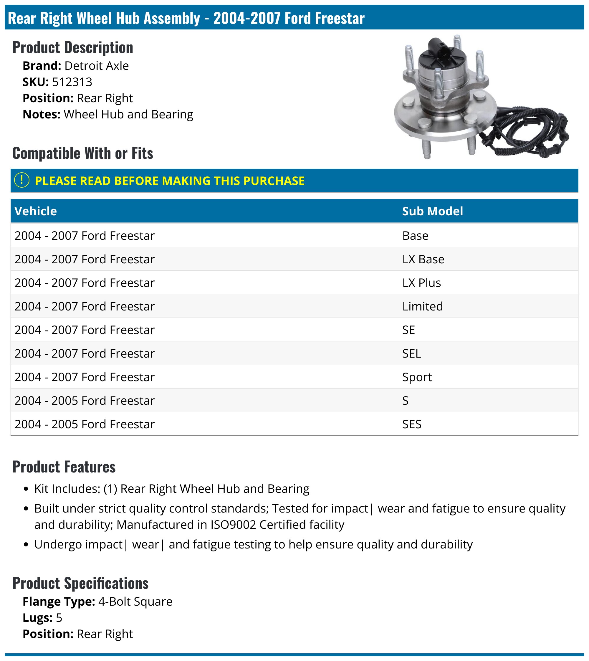 2004-2007 Ford Freestar Wheel Hub Assembly - Detroit Axle 512313 - Rear ...