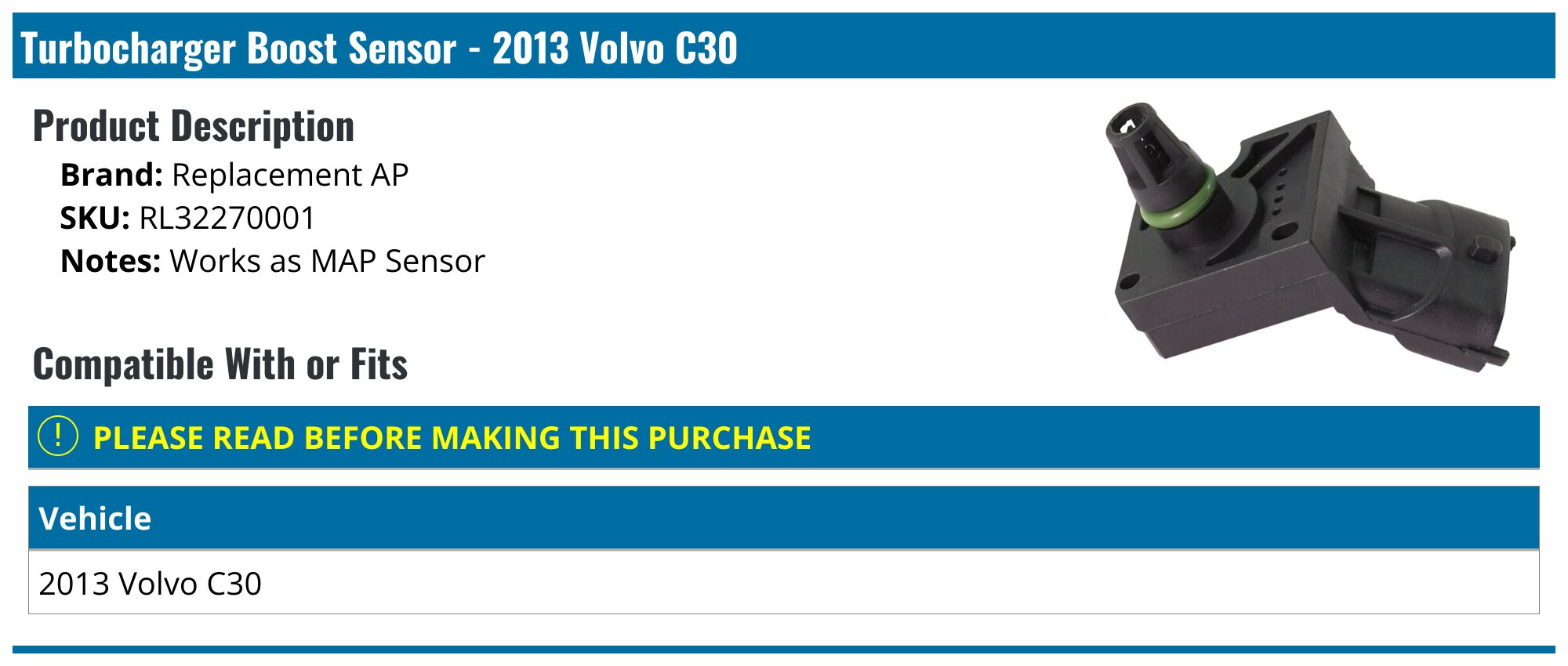 2008-2013 Volvo C30 Turbocharger Boost Sensor - Replacement AP ...