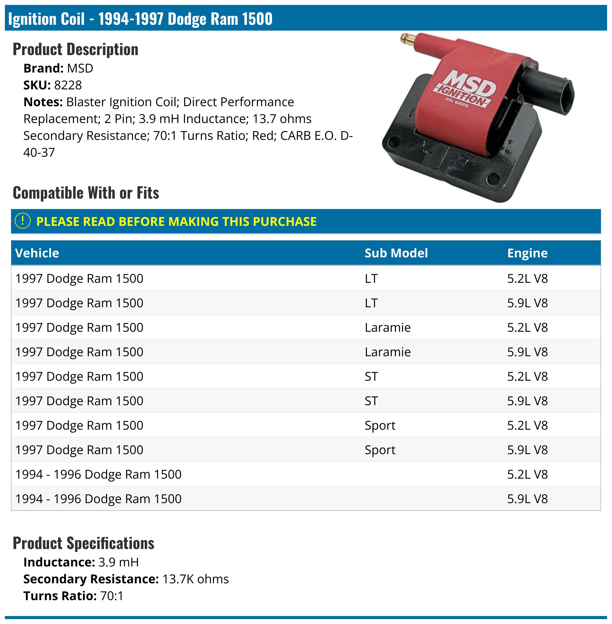 1994-1997 Dodge Ram 1500 Ignition Coil - MSD 8228 - PartsGeek.com
