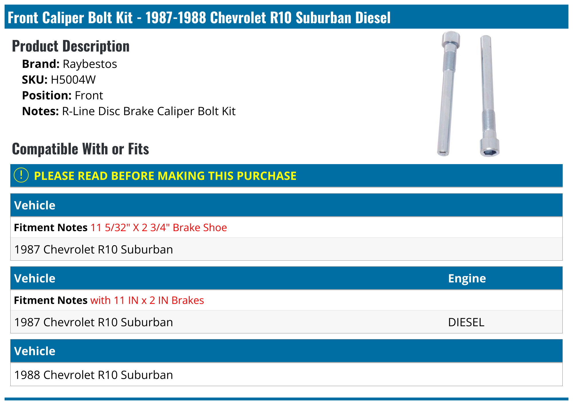 1987-1988 Chevrolet R10 Suburban Caliper Bolt - Raybestos H5004W ...