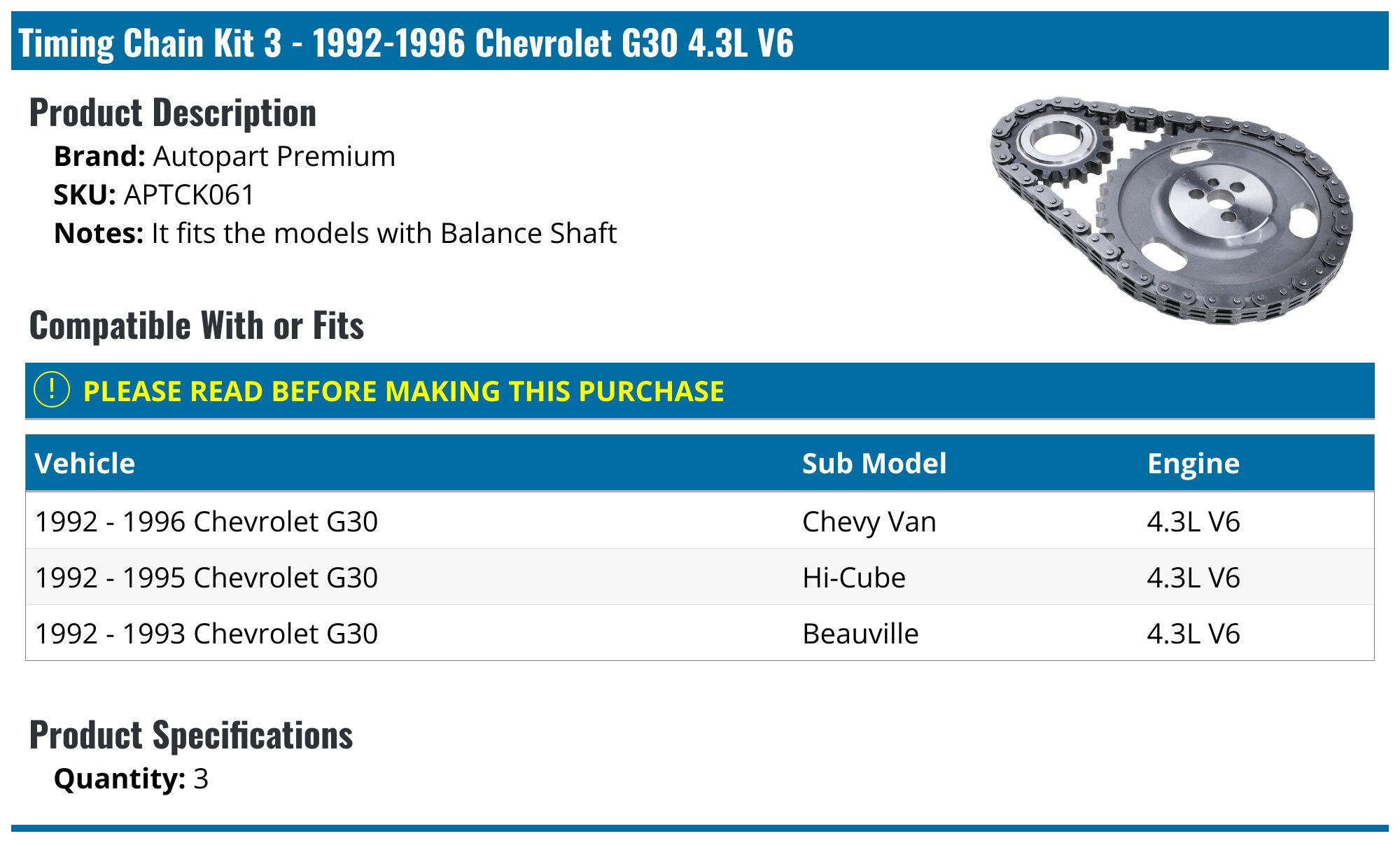 1992-1996 Chevrolet G30 Timing Chain - Autopart Premium APTCK061 ...